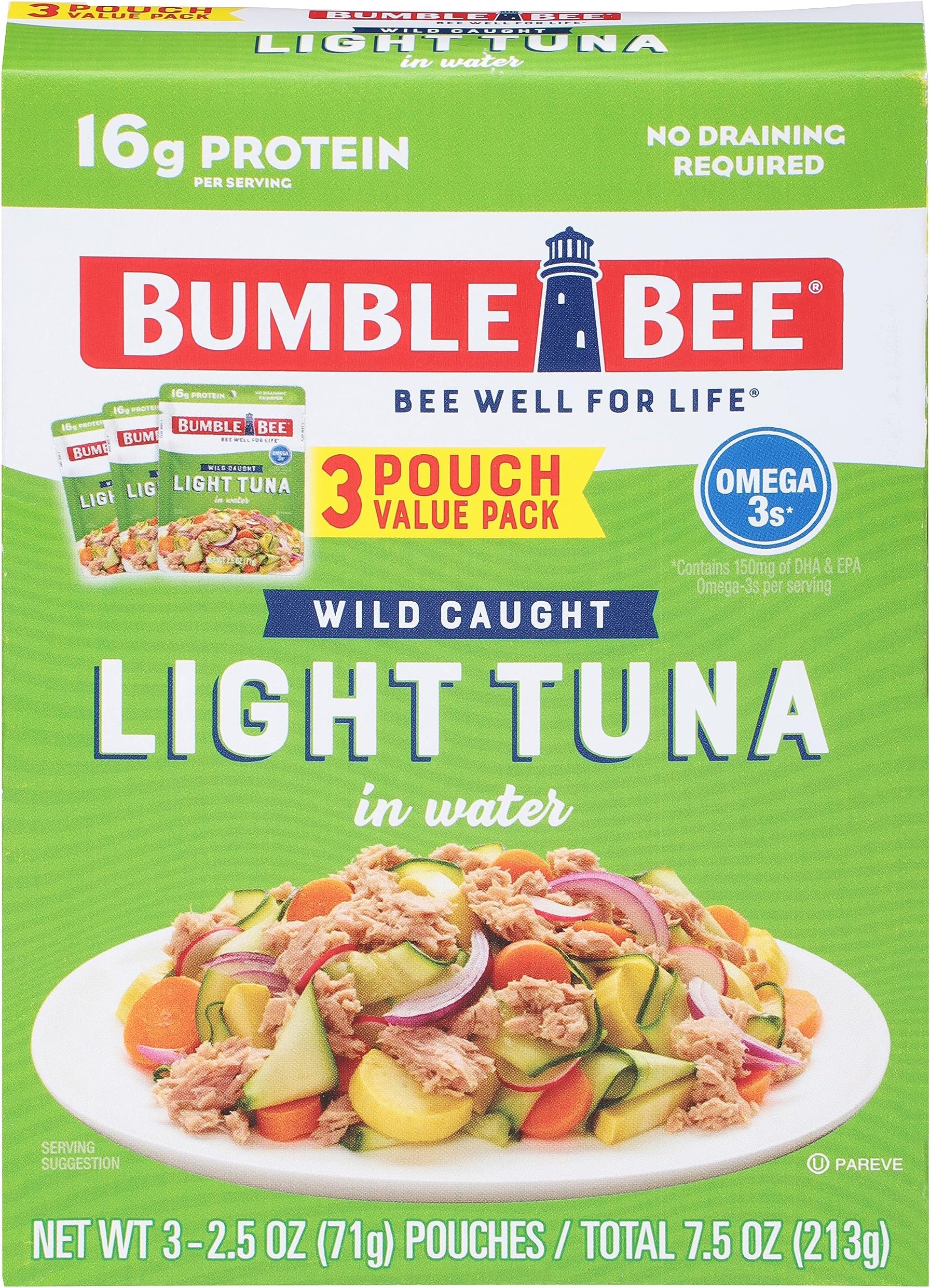 Amazon.com : Bumble Bee Chunk Light Tuna in Water, 2.5 oz Pouches (Pack ...