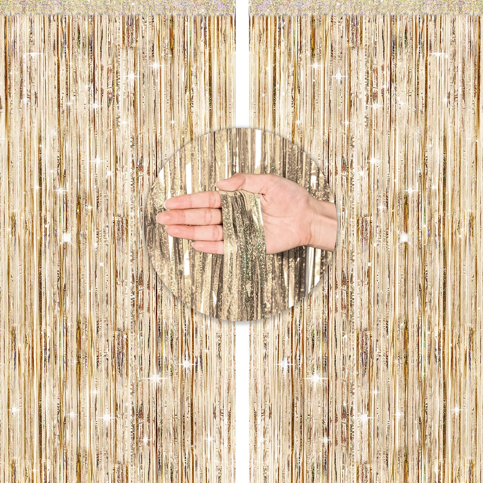 G2PLUS Champagne Gold Glitter Foil Curtains, 2PCS Metallic Tinsel Foil ...