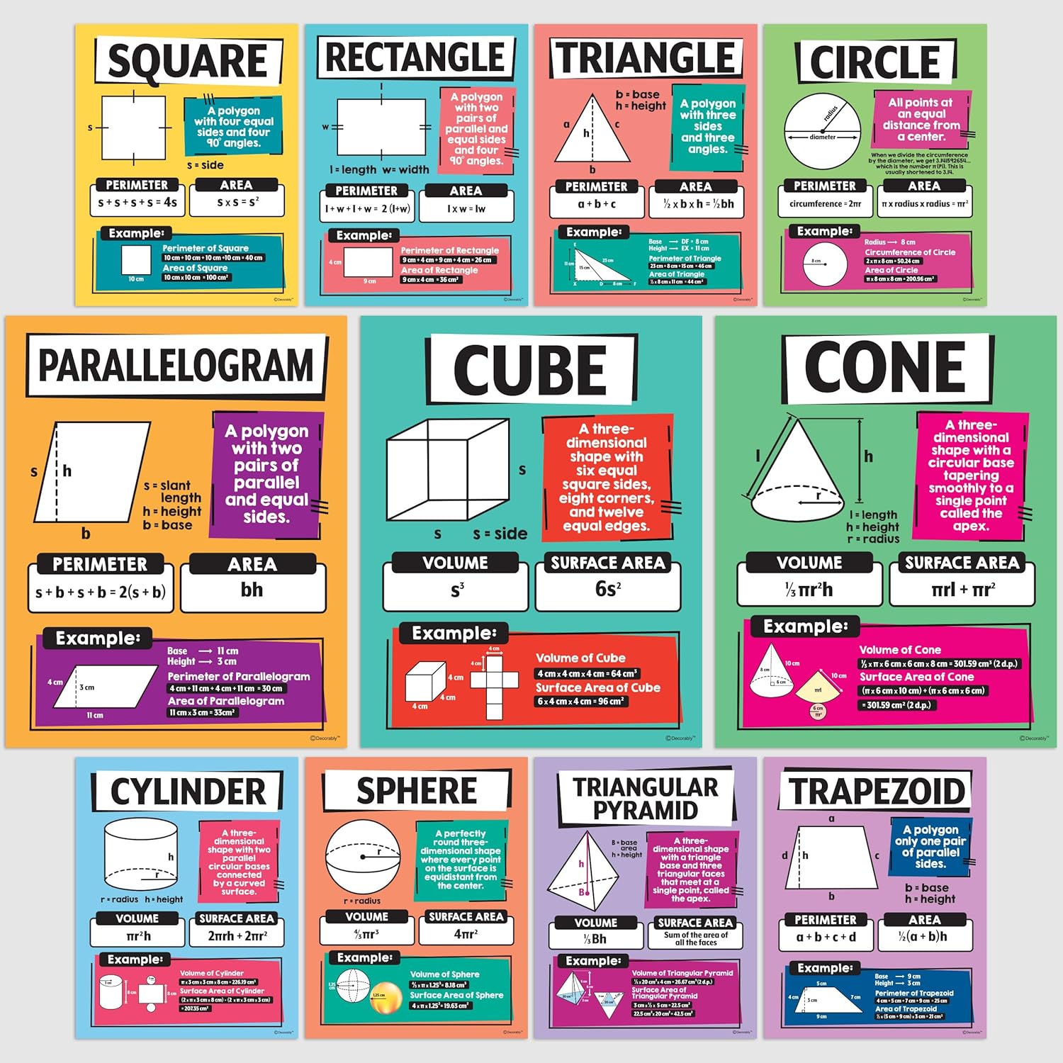 Decorably 14 Geometry Posters for Middle School - 11x14in, Educational ...