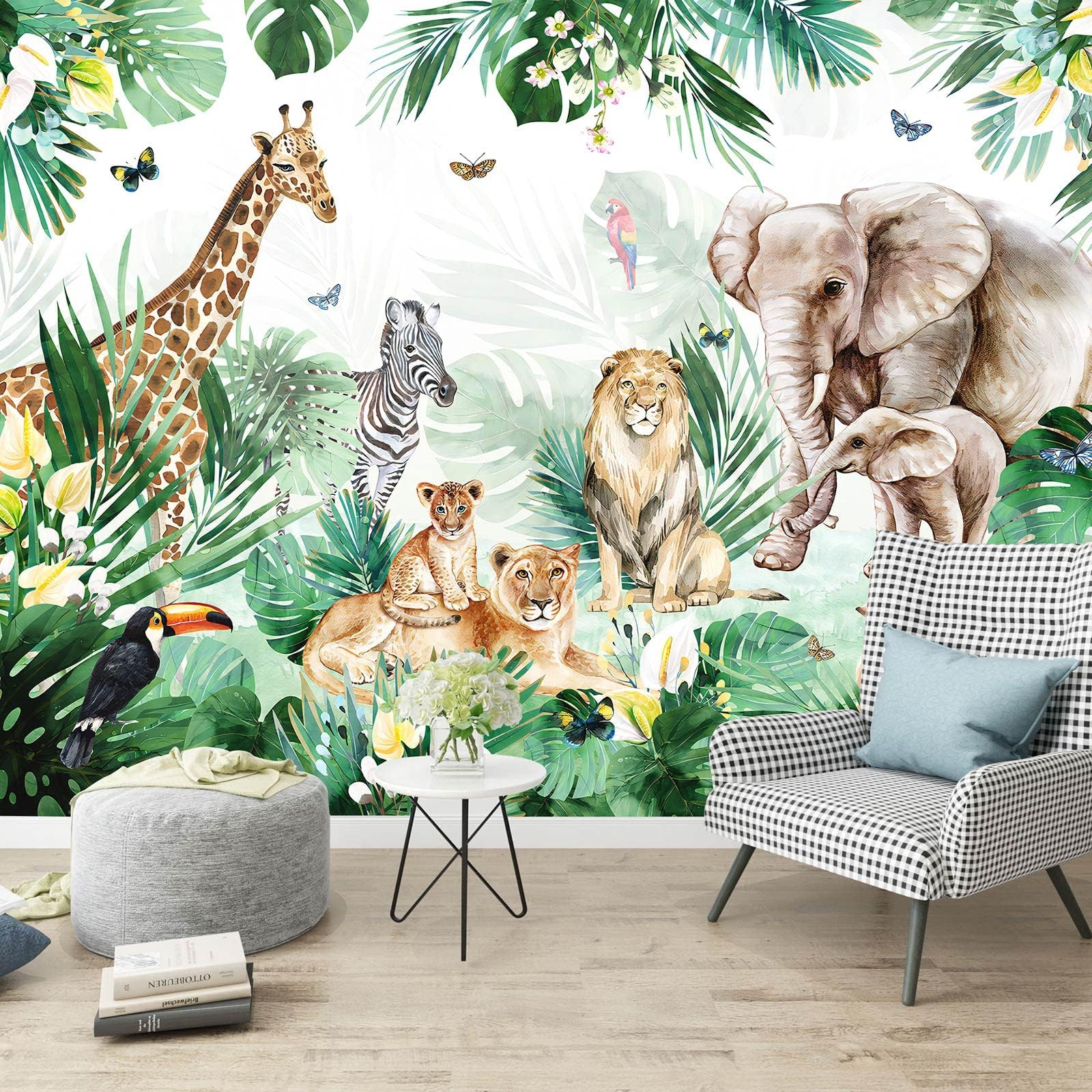 Reyhui Kids Wallpaper Tropical Leves and Safari Animals Wall Mural for ...