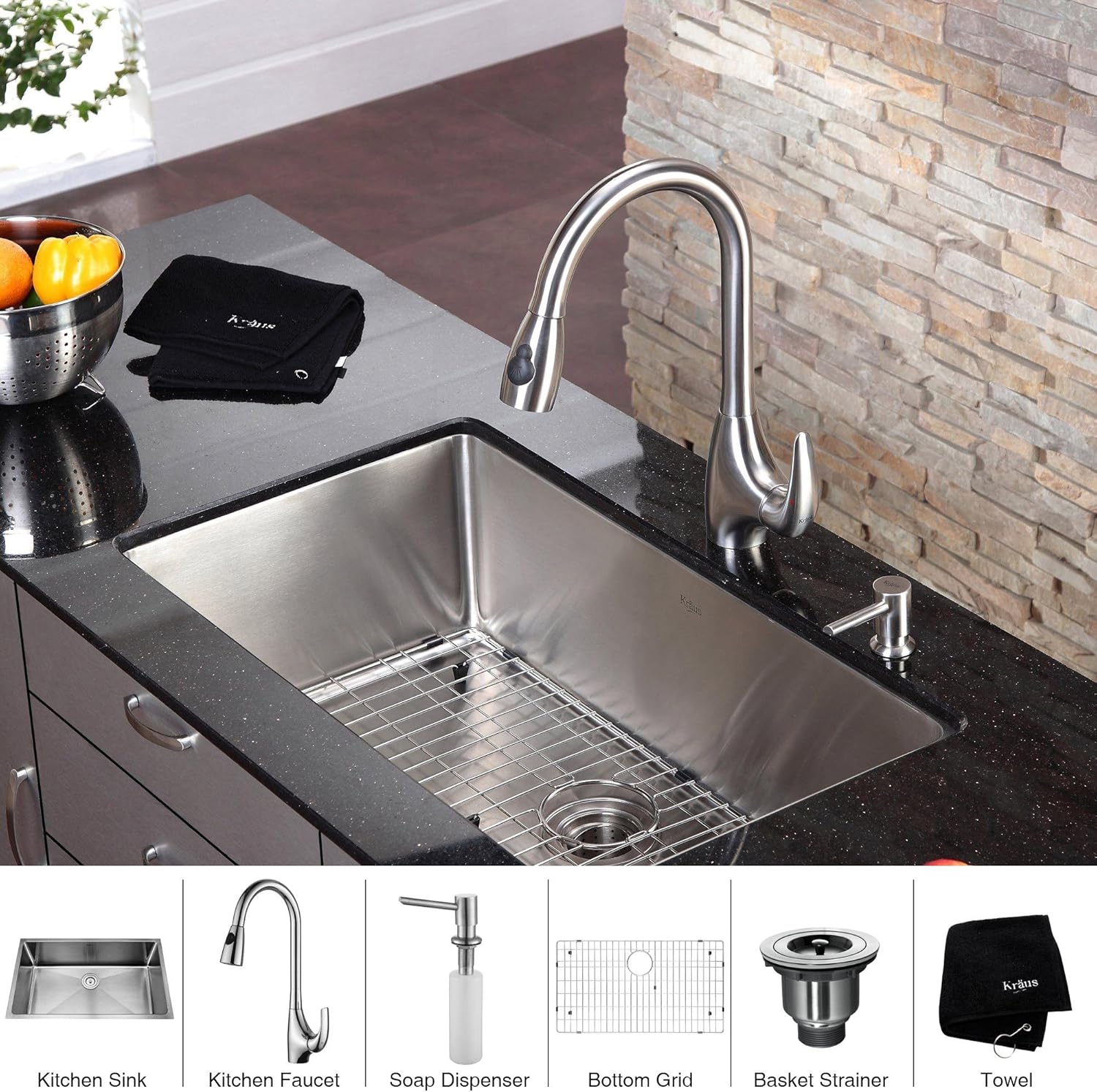 Kraus KHU100-32-KPF2170-SD20 32" Undermount Single Bowl Stainless Steel ...