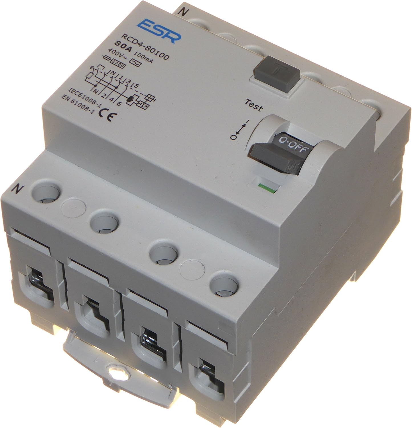 80 Amp 100mA RCD RCCB Trip Switch 4 Pole DIN Rail Three Phase 400 Volt ...