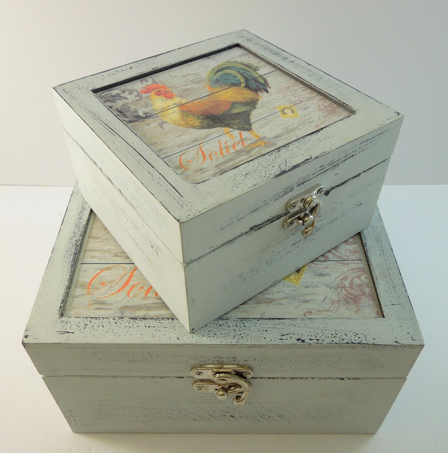 Amazon.com: Set of 2 White Cottage Chic Wooden Rooster Boxes : Home ...