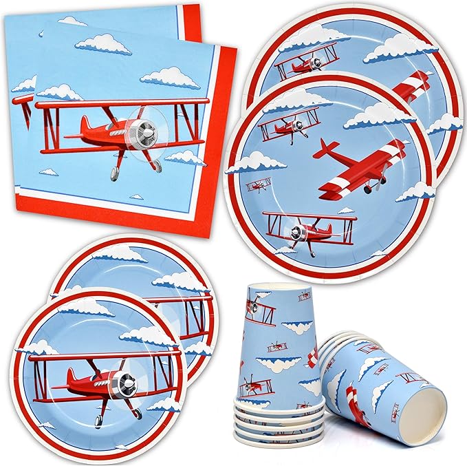 Amazon.com: Airplane Party Supplies Tableware Set 24 9" Dinner Plates ...