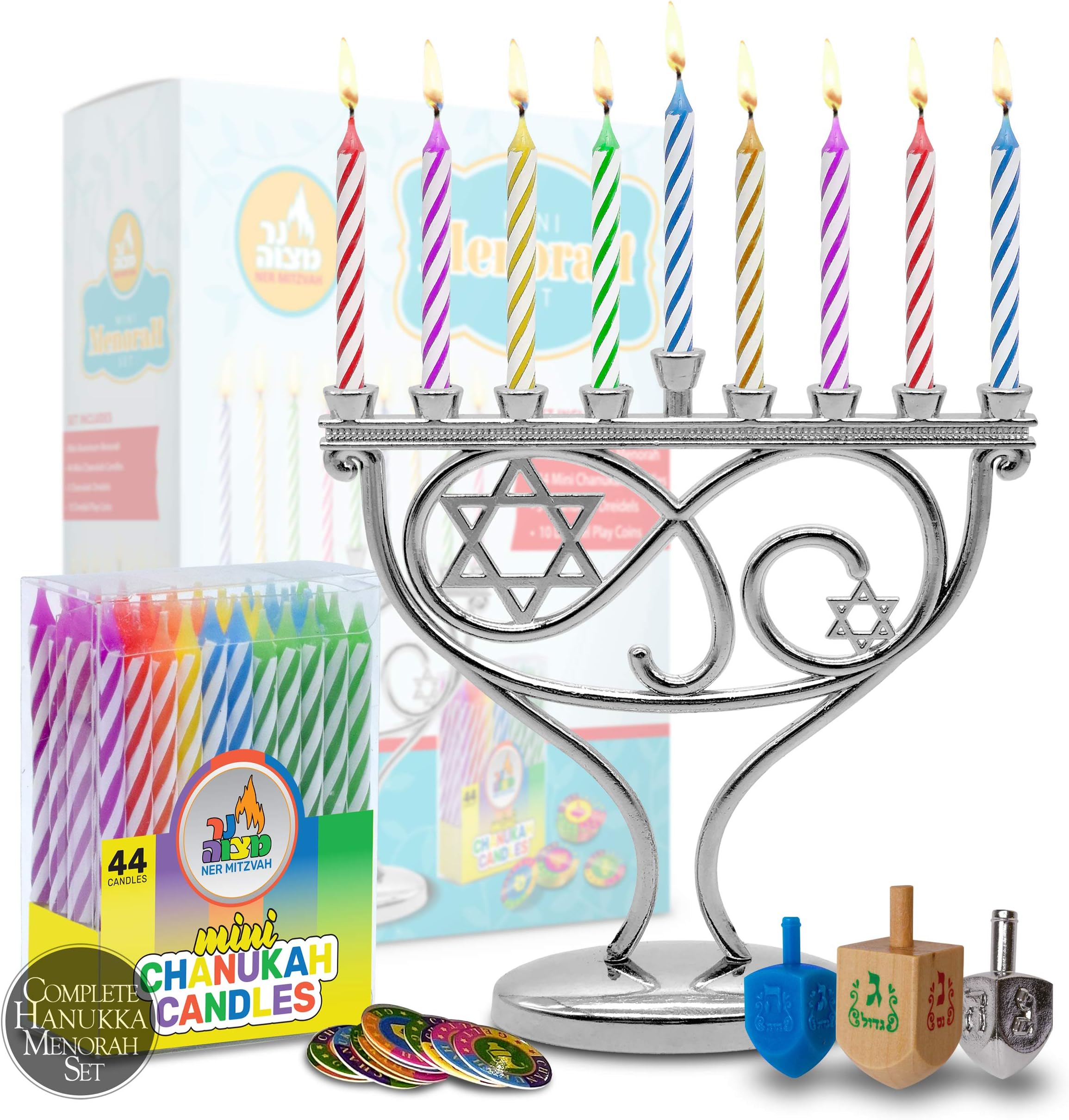 Amazon.com: Ner Mitzvah Mini Menorah Set - Menorah, 44 Mini Candles, 3 ...