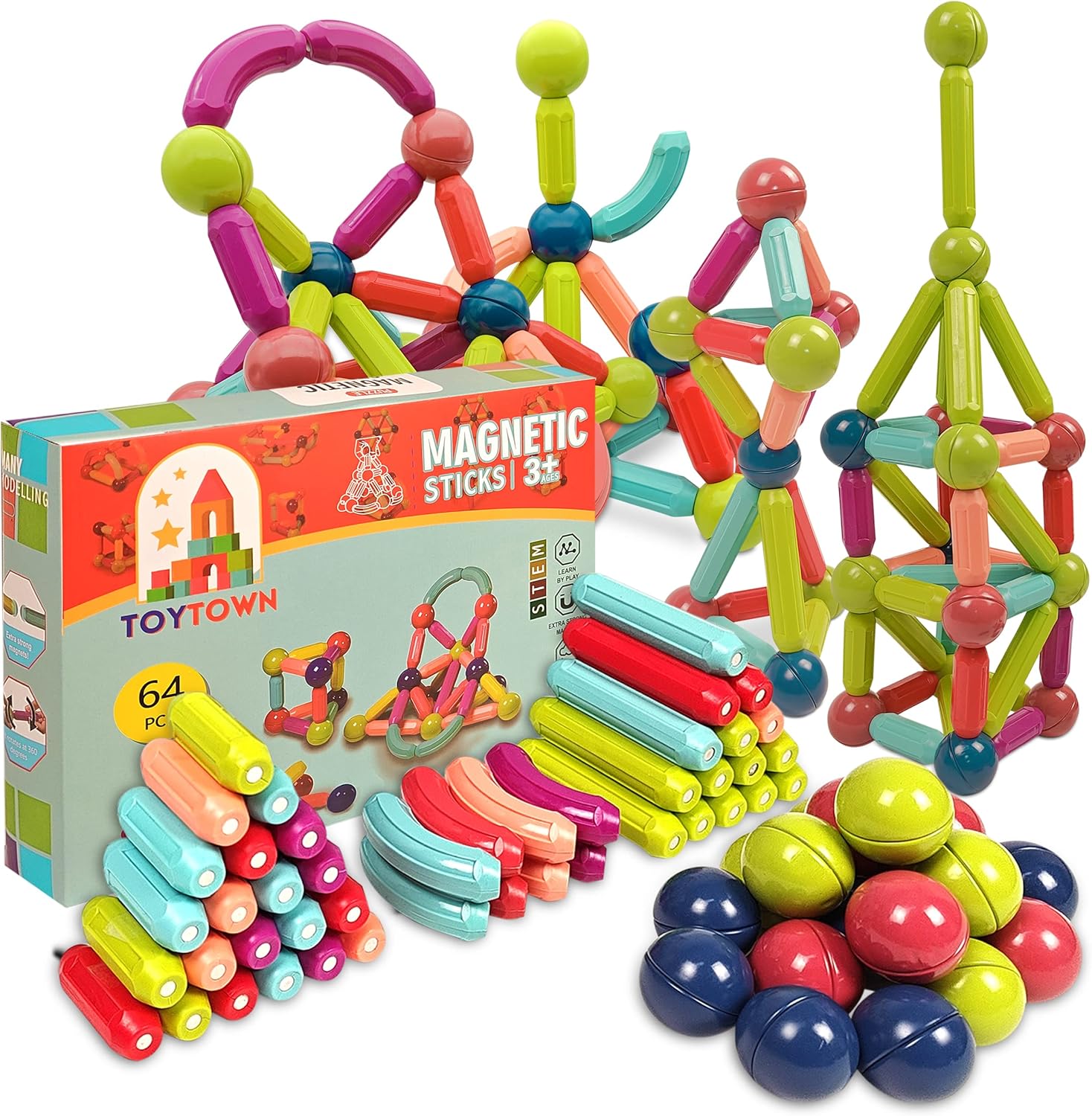 Amazon.com: TOYTOWN 64 PCS Extra Strong Magnetic Balls and Rods Set ...