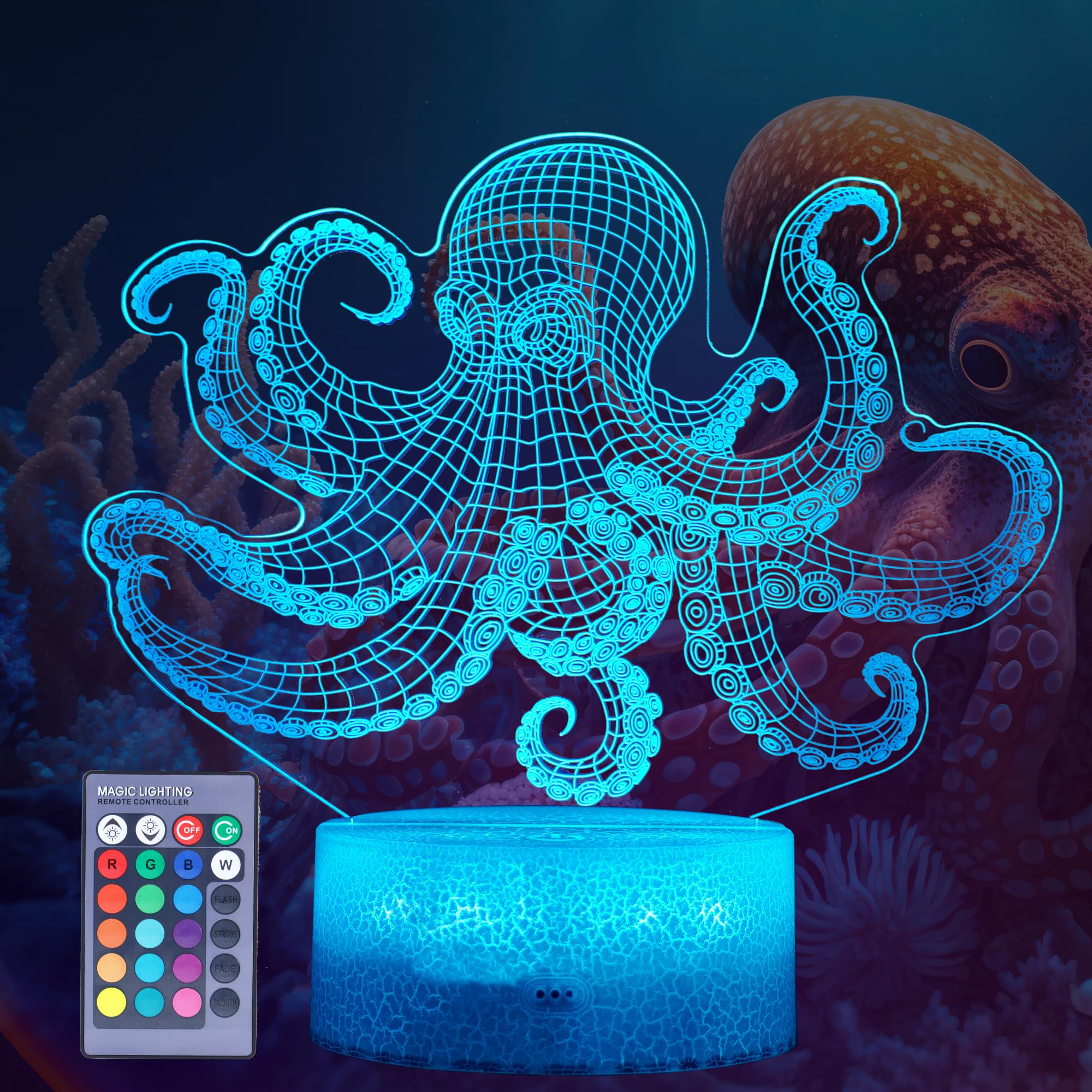 POSSHE Octopus Night Light, Octopus 3D Illusion Night Light Lamp, Octopus Stuff with 16 Colors ...
