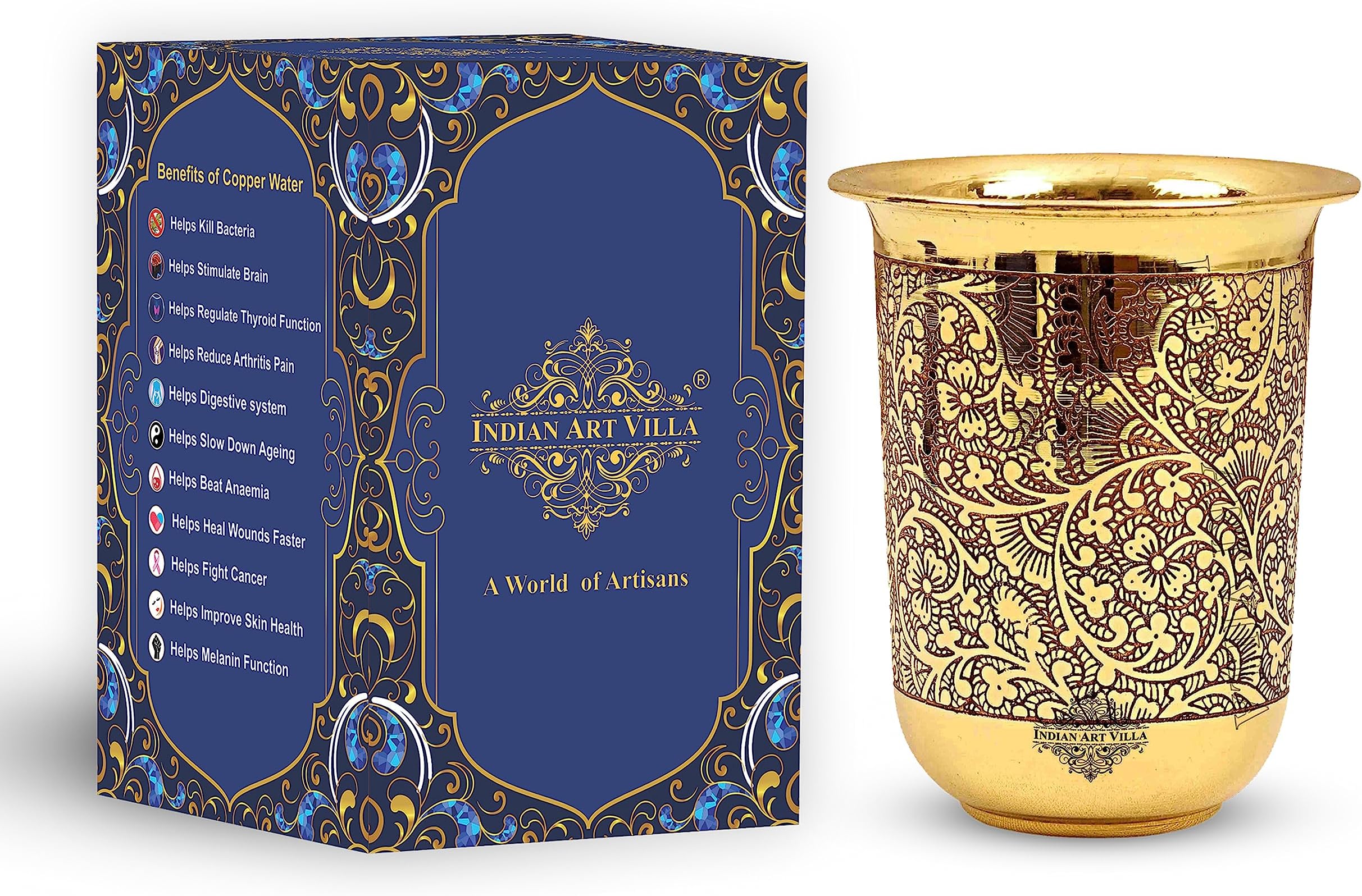 Buy INDIAN ART VILLA Embossed Flower Design Brass Glass Tumbler Cup ...