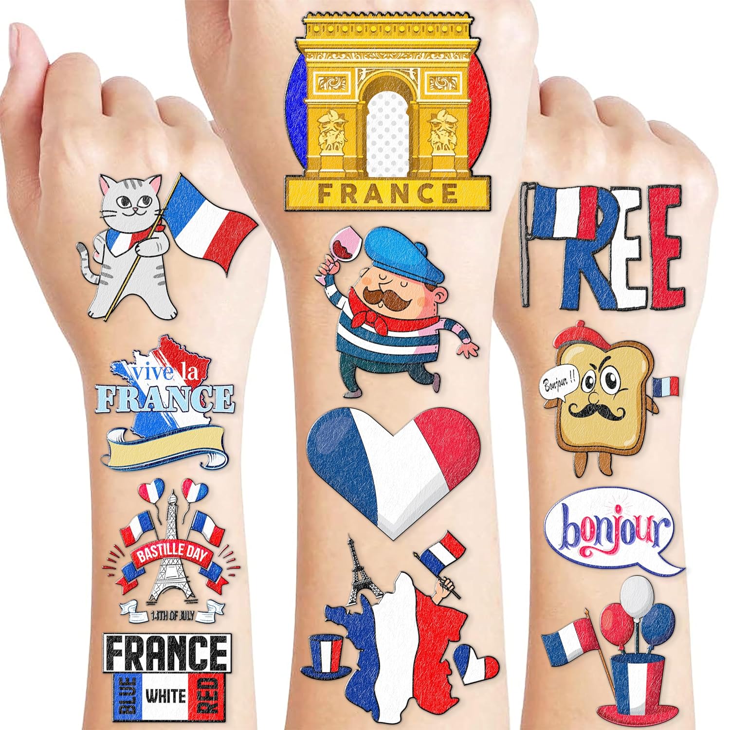 Amazon.com : 96PCS French Paris France Pre-Cut Temporary Tattoos Happy ...