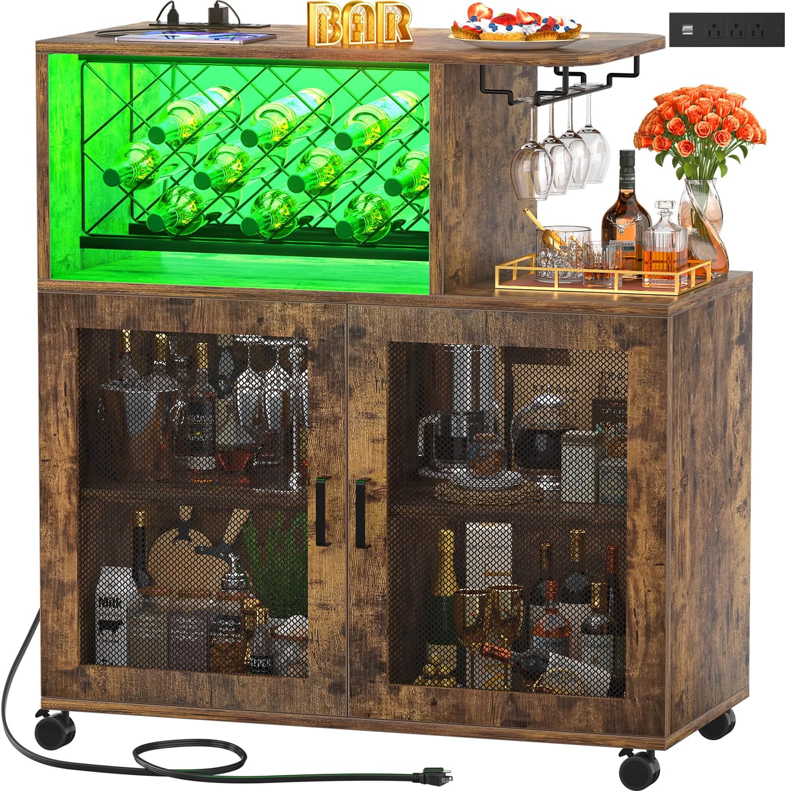 Amazon.com: Zarler Bar Table Cabinet with Power Outlet, LED Home Mini ...