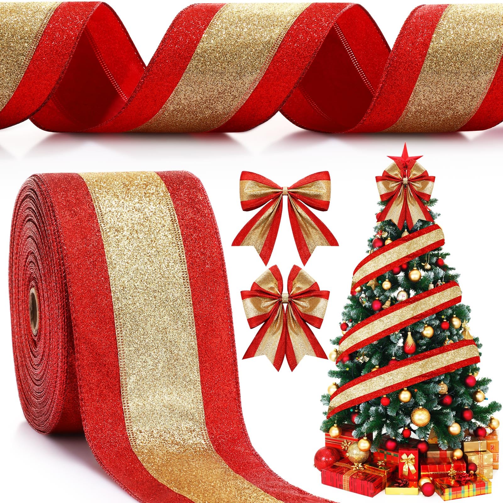 Amazon.com: Craftsatin Christmas Glitter Wired Ribbon 4 Inch Wide ...