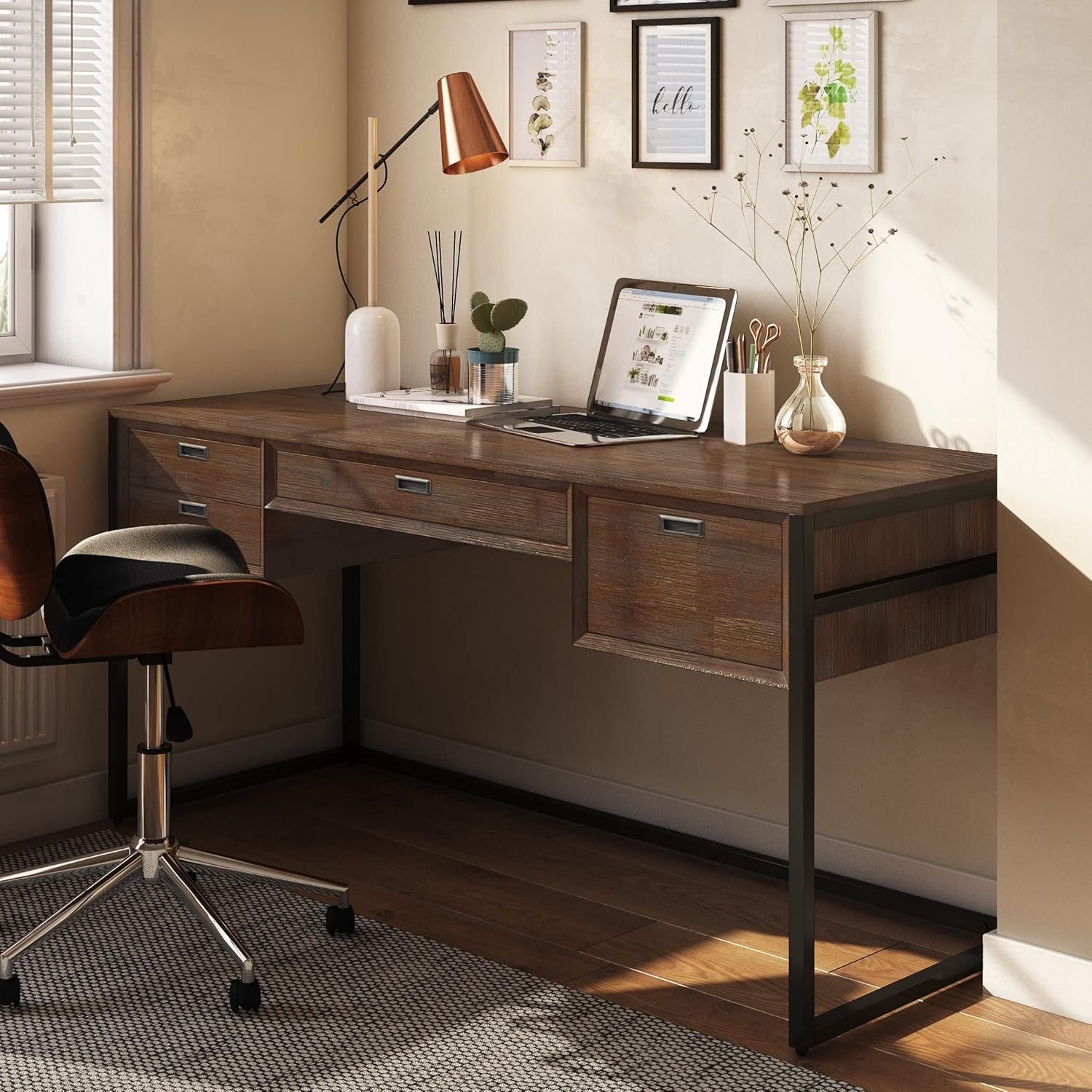 Amazon.com: Solid Acacia Wood Modern Industrial 60 Inch Wide Desk in ...