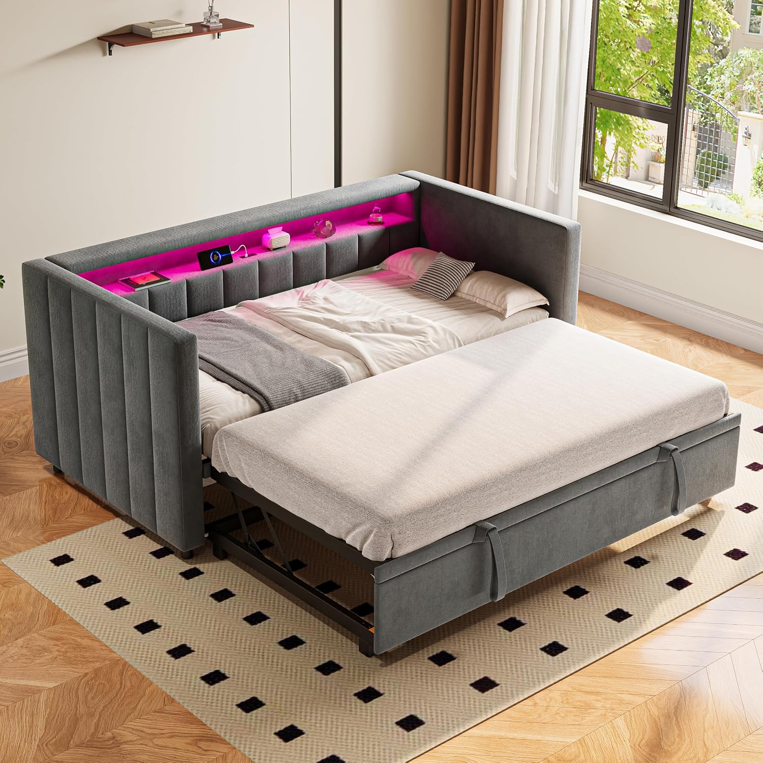 Miyemo Daybed with Pull Out Trundle, 3ft Upholstered Single Bed Frame ...