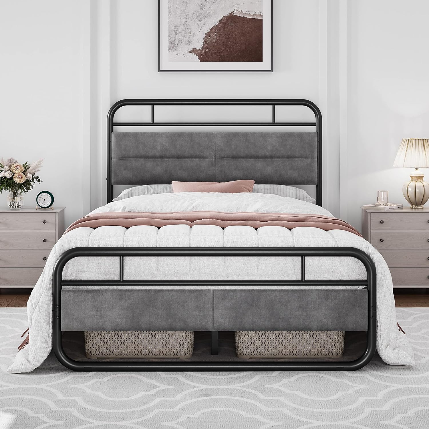 Yaheetech Full Bed Frame Metal Platform Bed Frame with Velvet ...