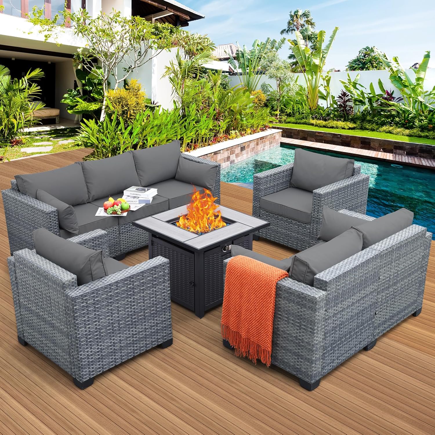 Amazon.com: Valita Patio Rattan Furniture Set with Gas Fire Pit Table,5 ...