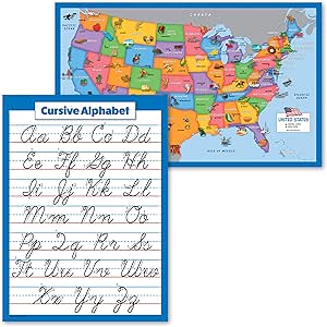 Palace Learning 2 Pack - USA Map for Kids [Illustrated] + Cursive ABC ...