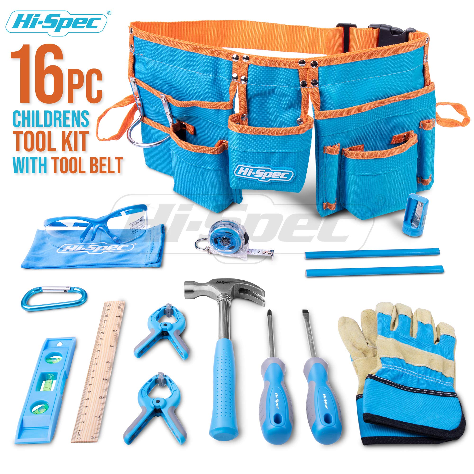 Hi-Spec 16 Piece Blue Kids Tool Kit Set & Child Size Tool Belt with ...