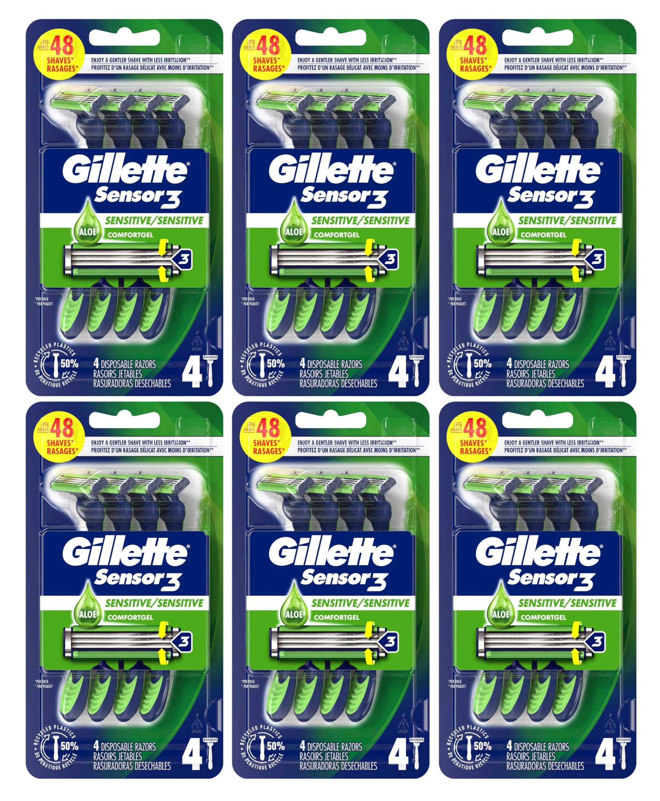 Gillette Mens Sensor 3 Sensitive Disposable 4 Count (6 Pack) : Amazon ...