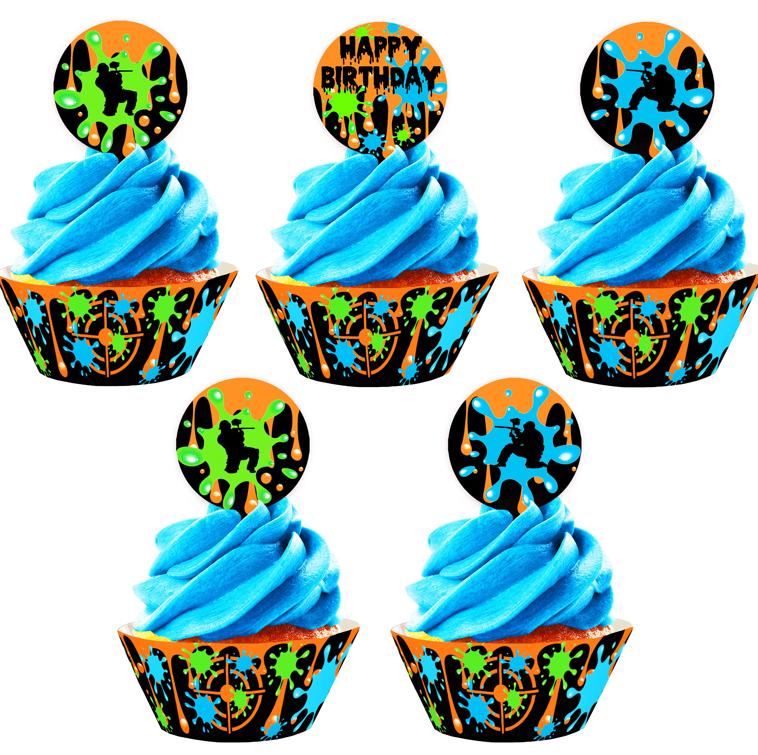 Amazon.com: Paintball Cupcake Toppers and Cupcake Wrappers - 24 Cupcake ...
