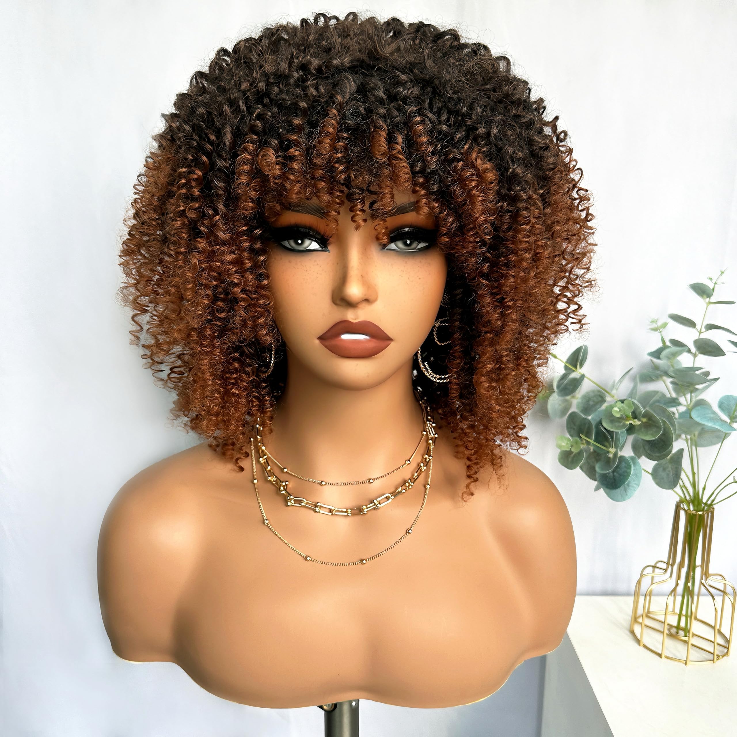Amazon.com : SOKU Short Kinky Curly Full Wigs with Bangs 10 Inch Ombre ...