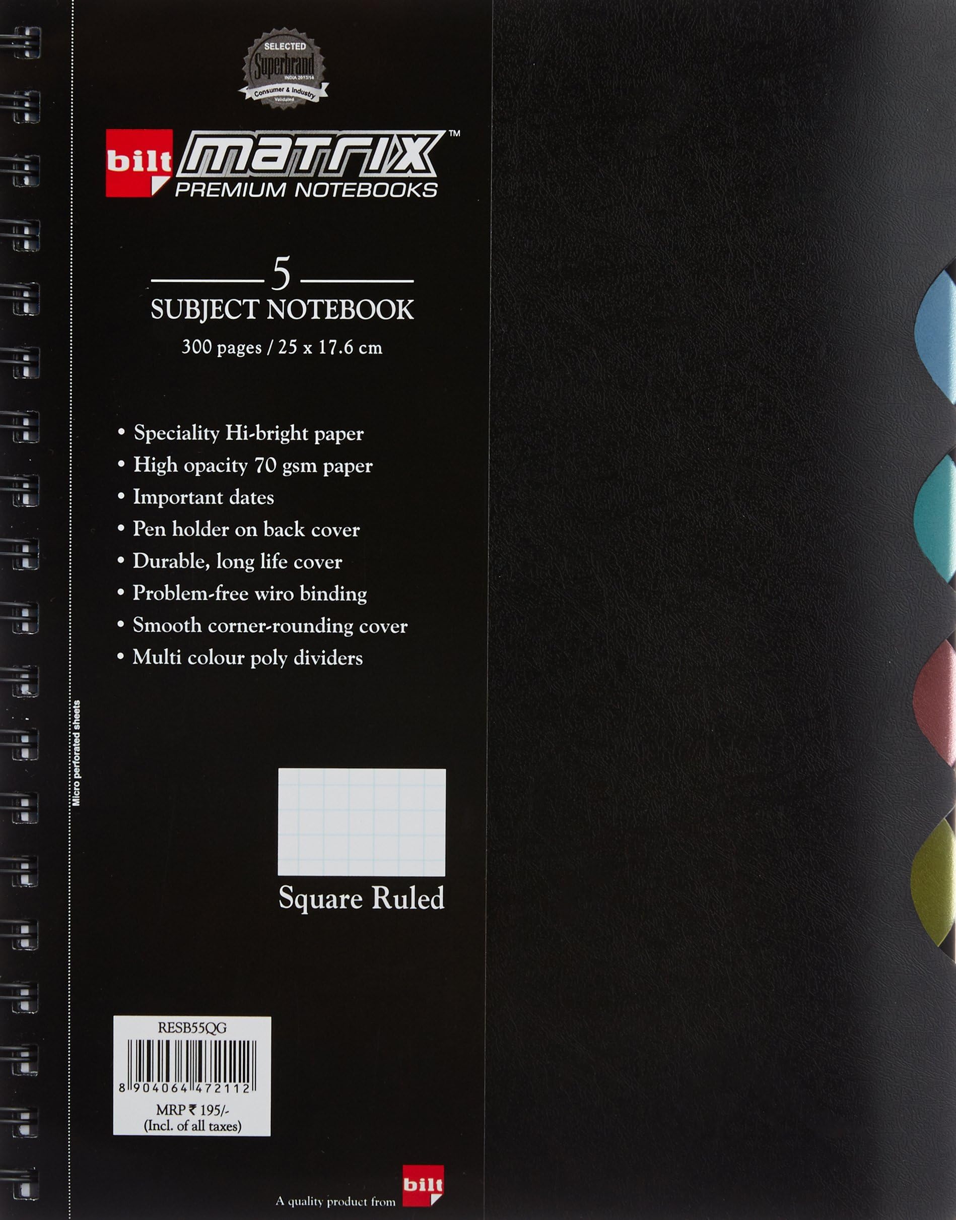 BILT Matrix Premium 5 Subject Notebook - B5, 70 GSM, 300 pages, Square ...