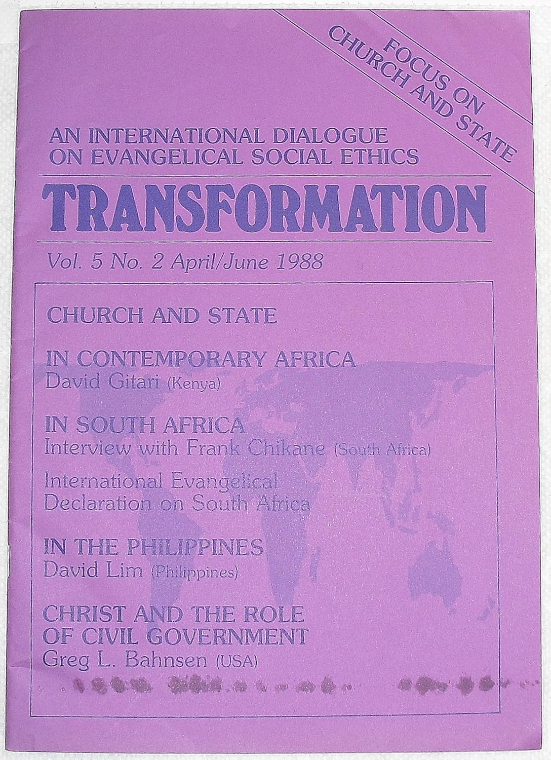 Transformation, Volume 5 Number 2, April/June 1988: David Gitari, Frank ...