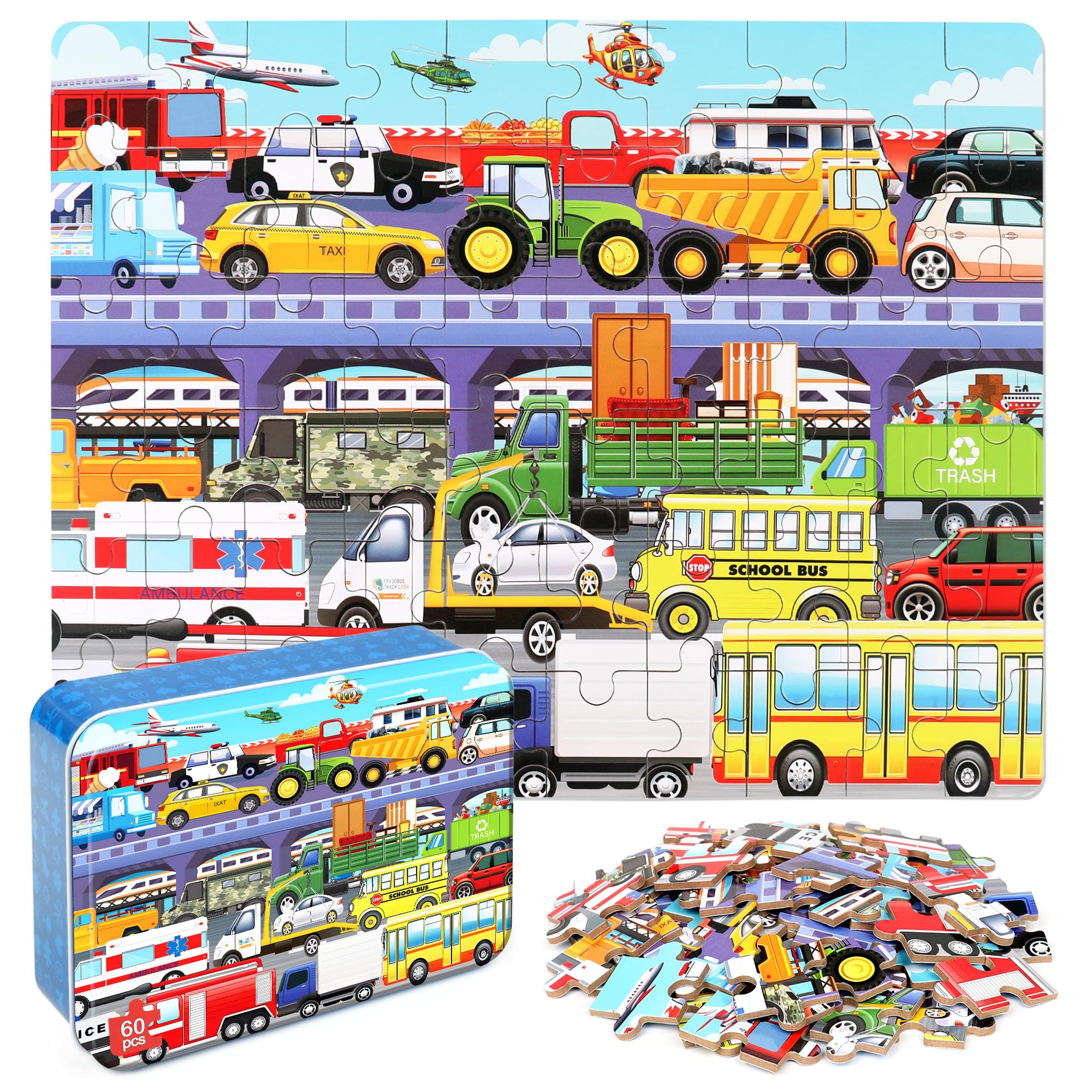 Amazon.com: LELEMON 60 Pieces Jigsaw Puzzles for Kids Ages 4-8 Traffic ...