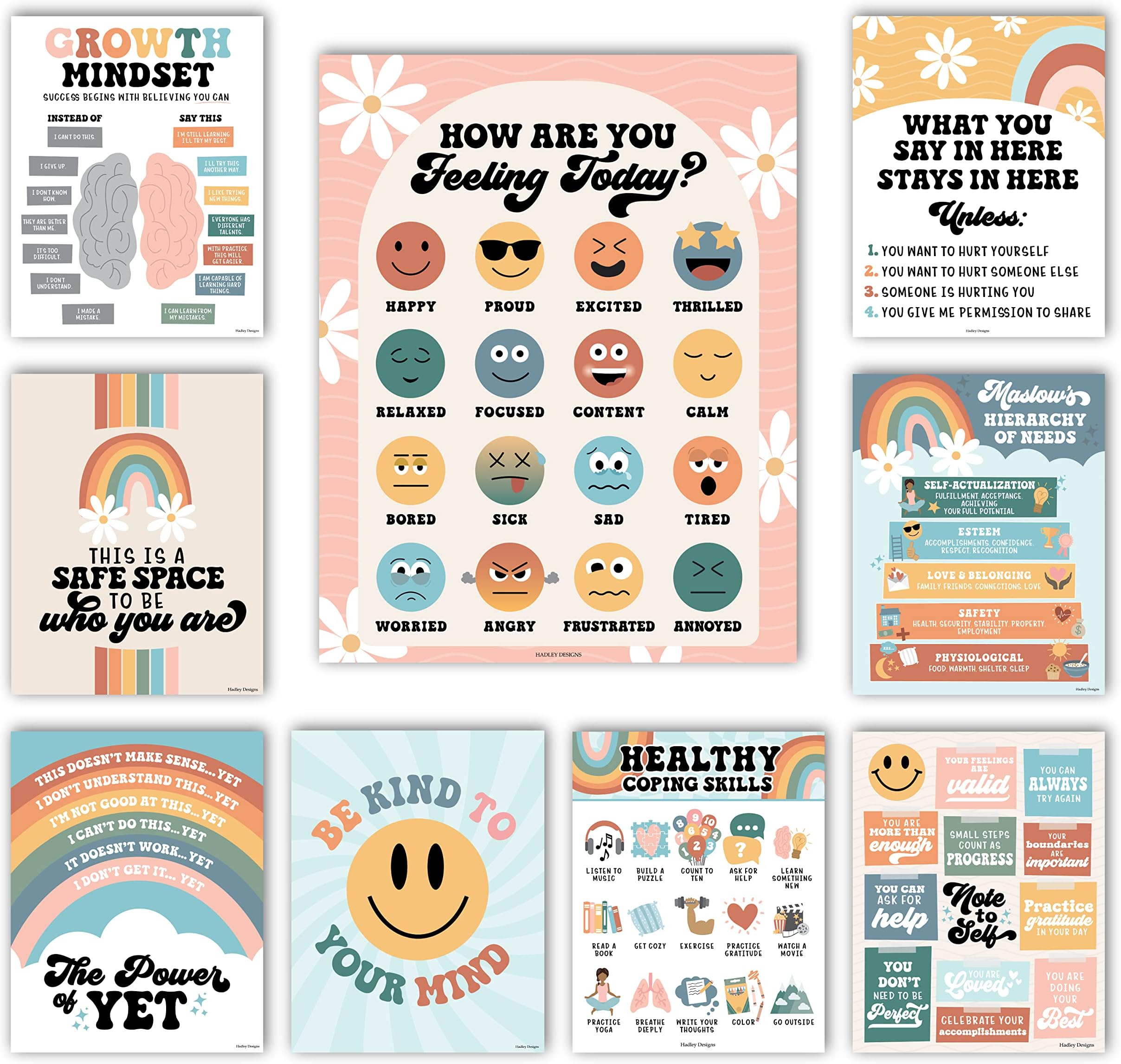 Amazon.com : Hadley Designs 9 Boho Mental Health Posters For Classroom ...
