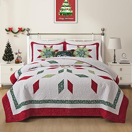 Amazon.com: NELIFDER Christmas Bedding Queen Size Quilt Set 100% Cotton ...