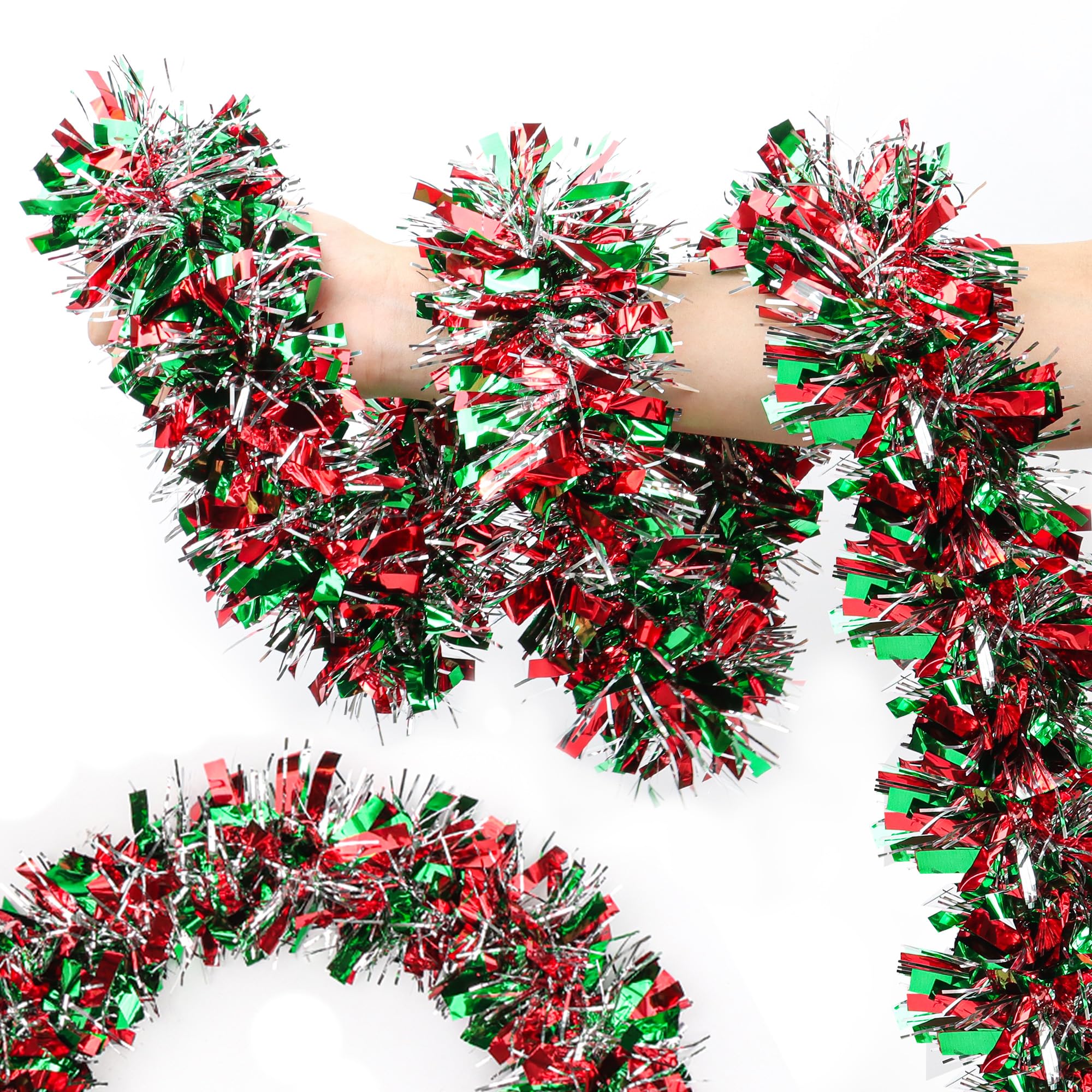 Amazon.com: 50FT Red Green Silver Christmas Tinsel Garland Metallic ...