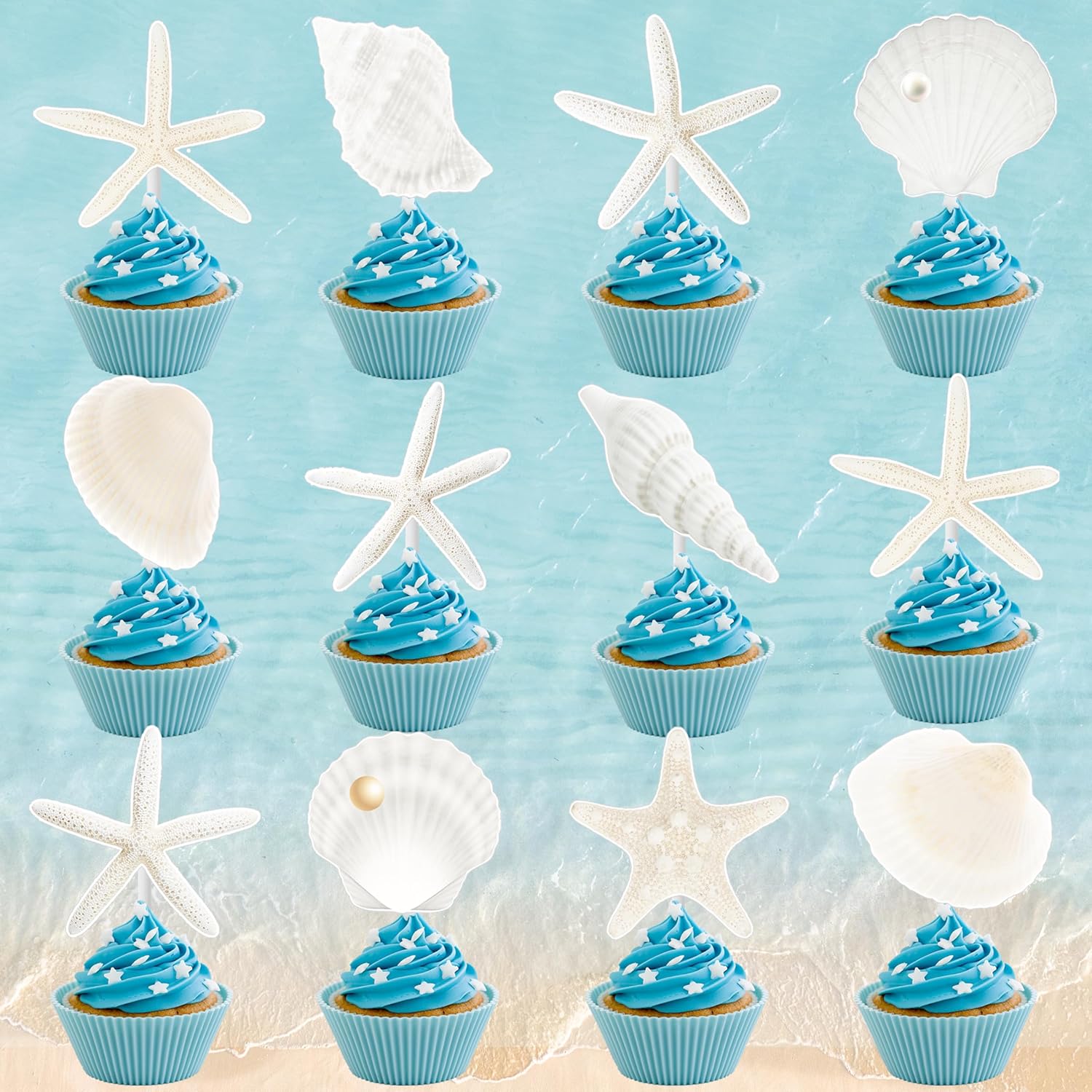 Amazon.com: 24pcs Natural Seashell Starfish Conch Theme Cupcake Toppers ...