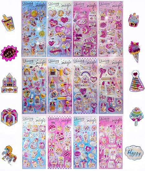 Amazon.com: Glitter Puffy Stickers 12 Sheets 3D Puffy Cute Stickers ...