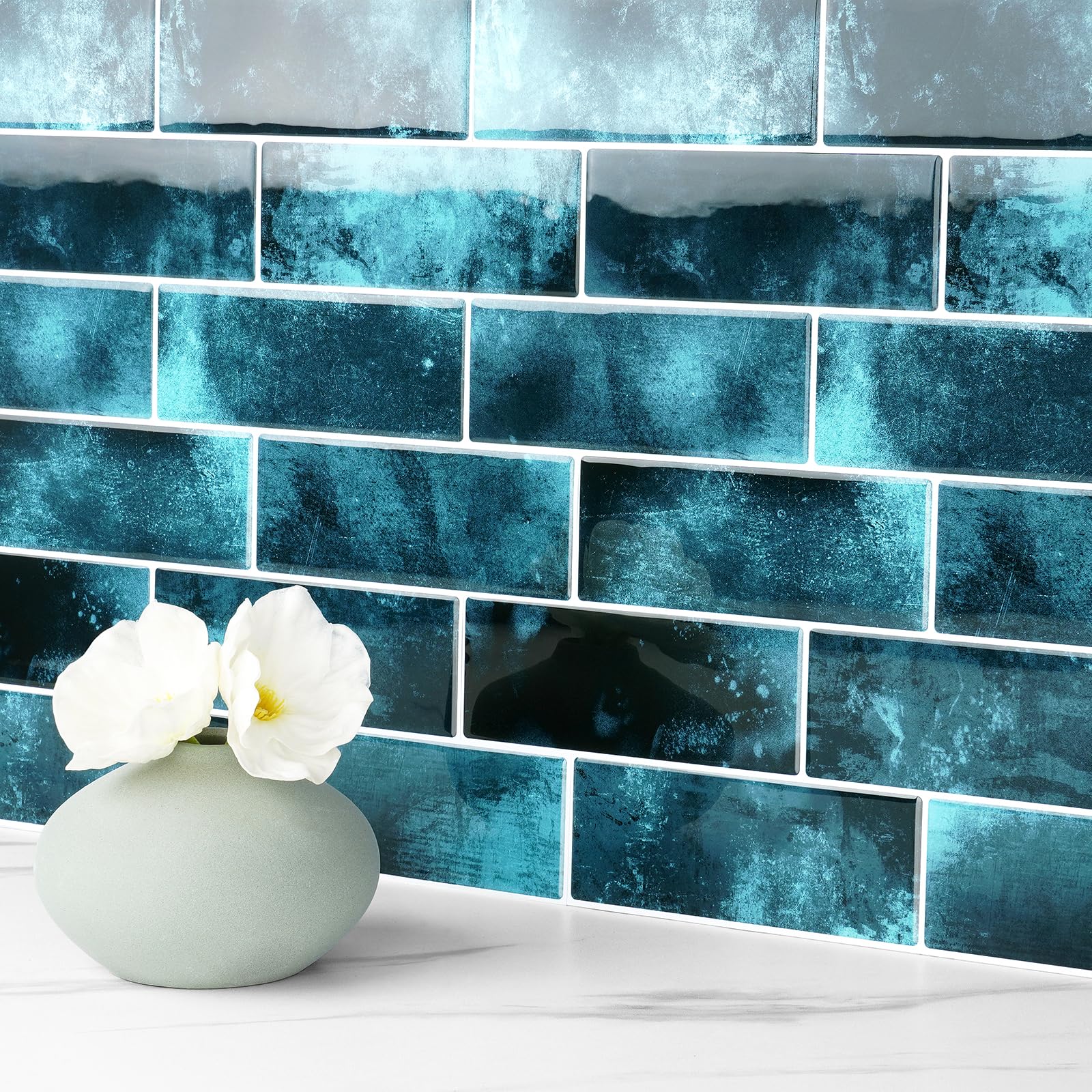 FunStick 15 Tiles Dark Blue Backsplash Tile Peel and Stick Subway Tile ...
