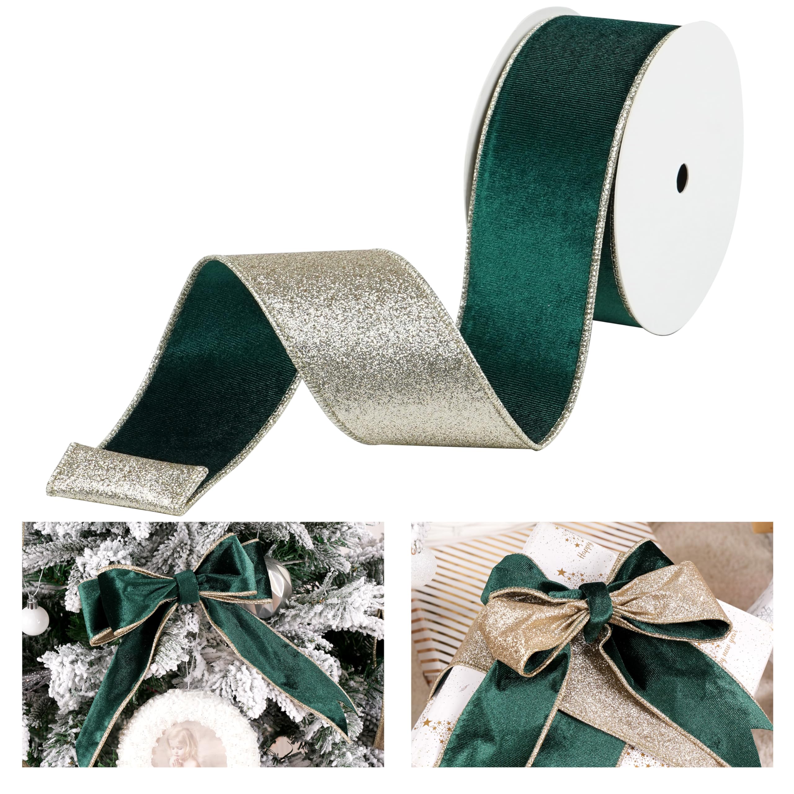 Amazon.com: LIZLOVESS Green Velvet Wired Ribbon with Glitter Back 2.5 ...