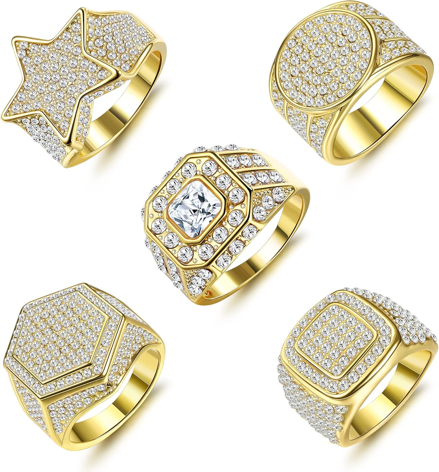LOLIAS 5Pcs 18K 14K Gold Plated Iced Out Ring Bling Pinky Rings for Men ...