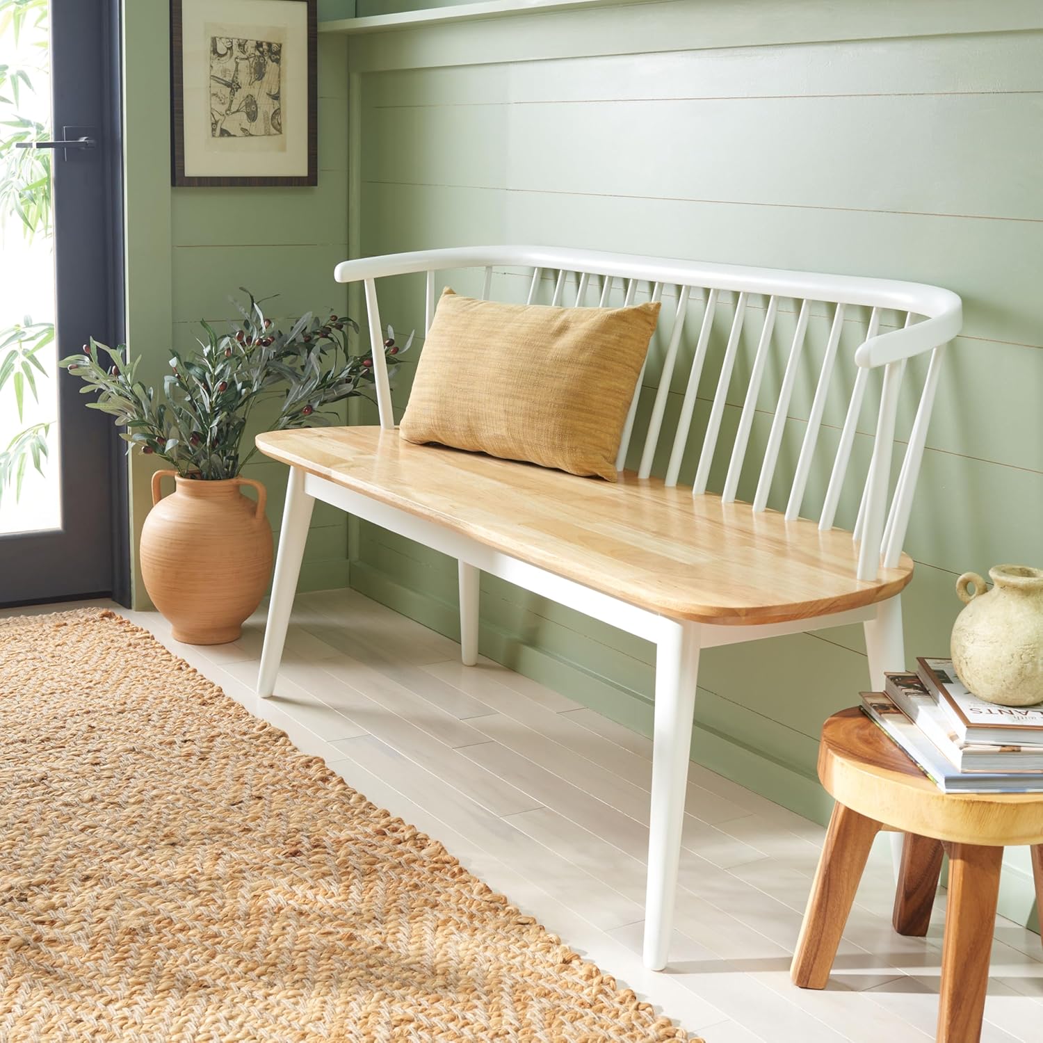 Amazon.com - SAFAVIEH Home Collection Blanchard Farmhouse Natural/White Solid Wood Spindle Bench ...