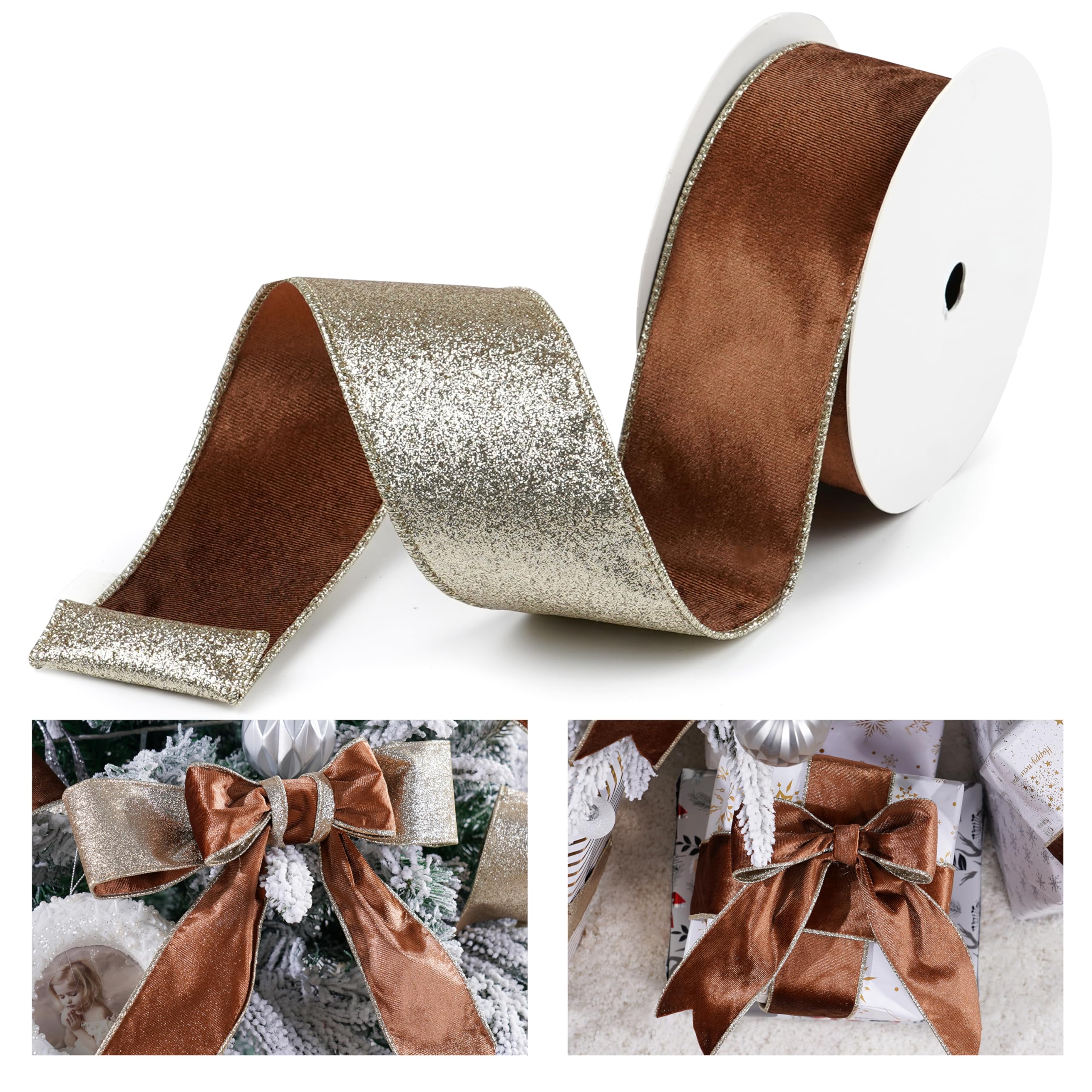 Amazon.com: LIZLOVESS Brown Velvet Wired Ribbon with Glitter Back 2.5 ...