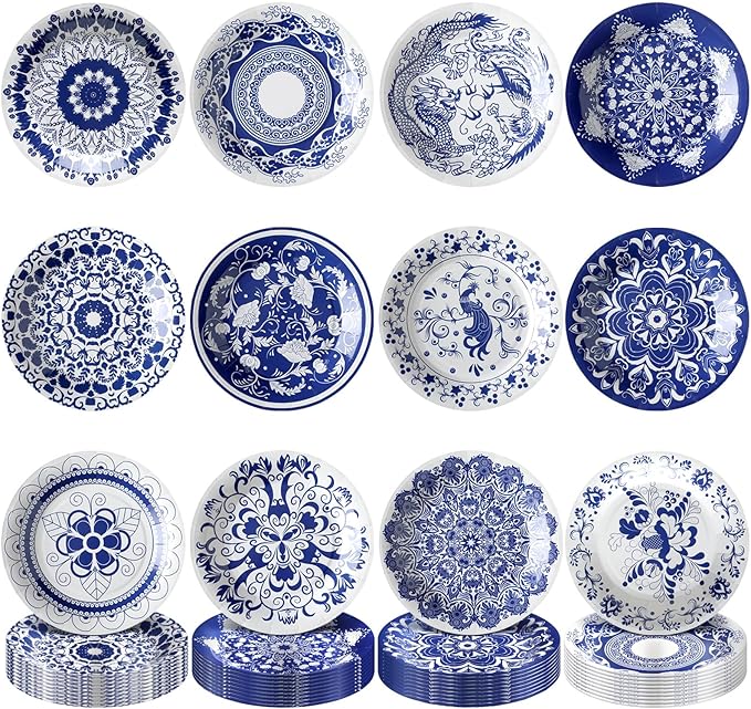 Amazon.com: Nitial 120 Pcs Blue and White Flower Paper Plates ...