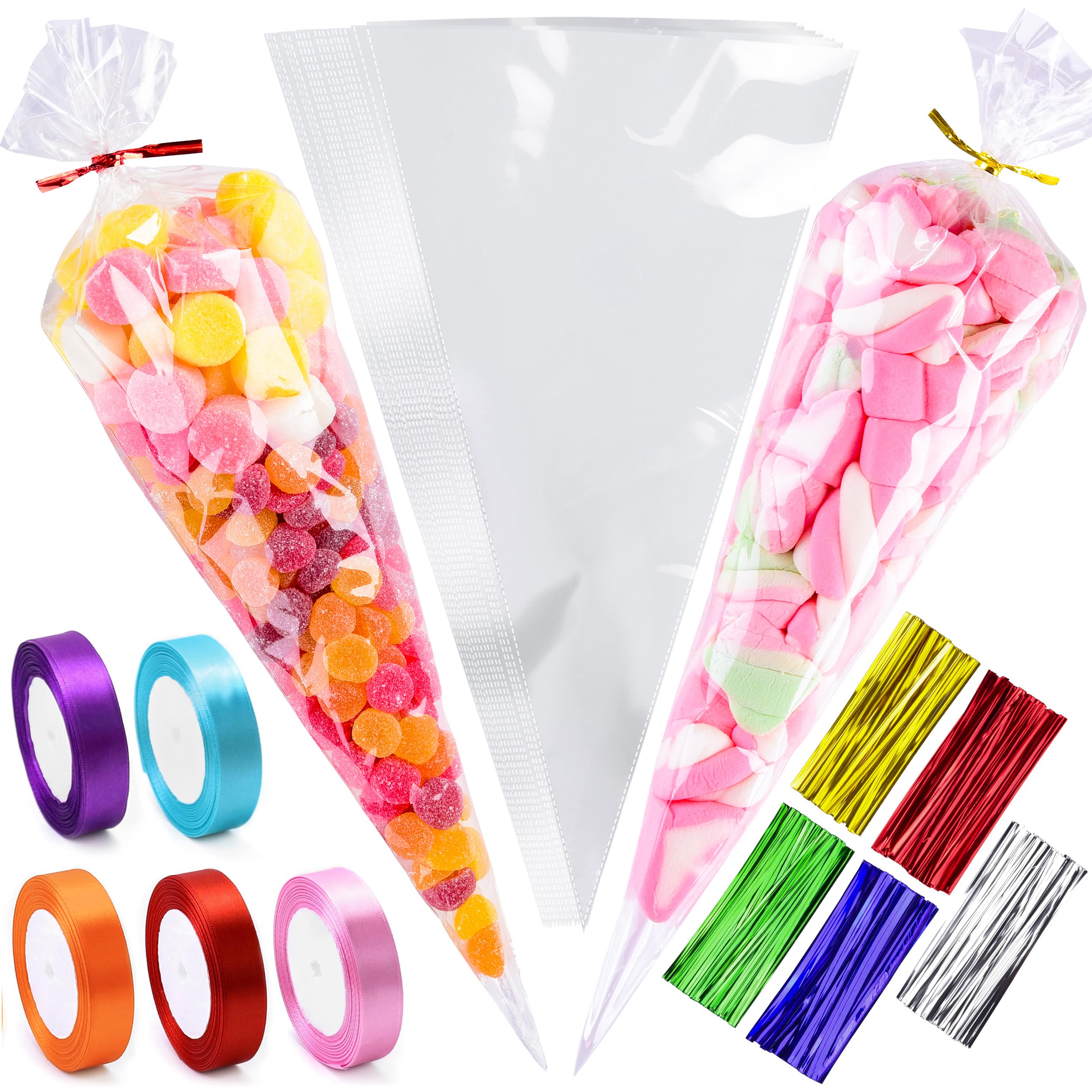 14x26cm Sweet Cone Bags with Twist Ties and Ribbons, 100Pcs Cellophane ...