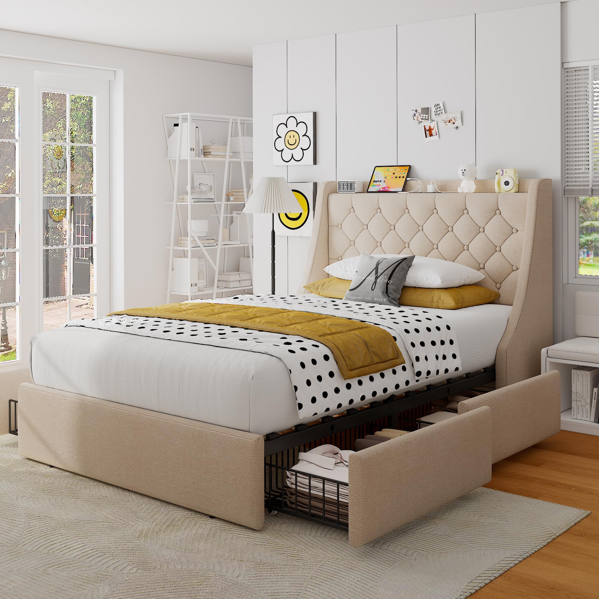 Amazon.com: Einhomn Twin Bed Frame with 4 Storage Drawers, Upholstered ...