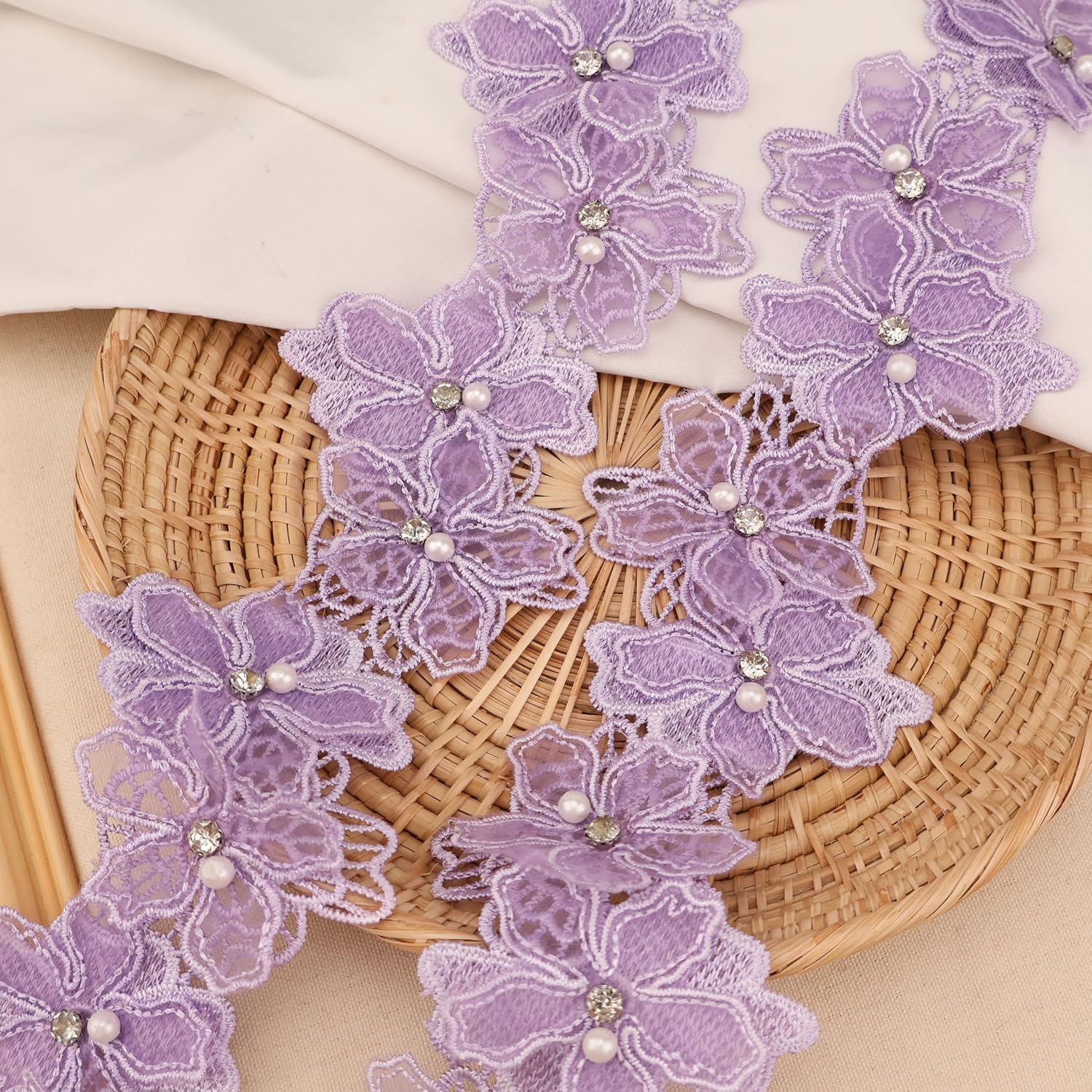 Amazon.com: Organza Flower Trim 2 Yards 3D Pearl Beads Flower Lace Trim ...