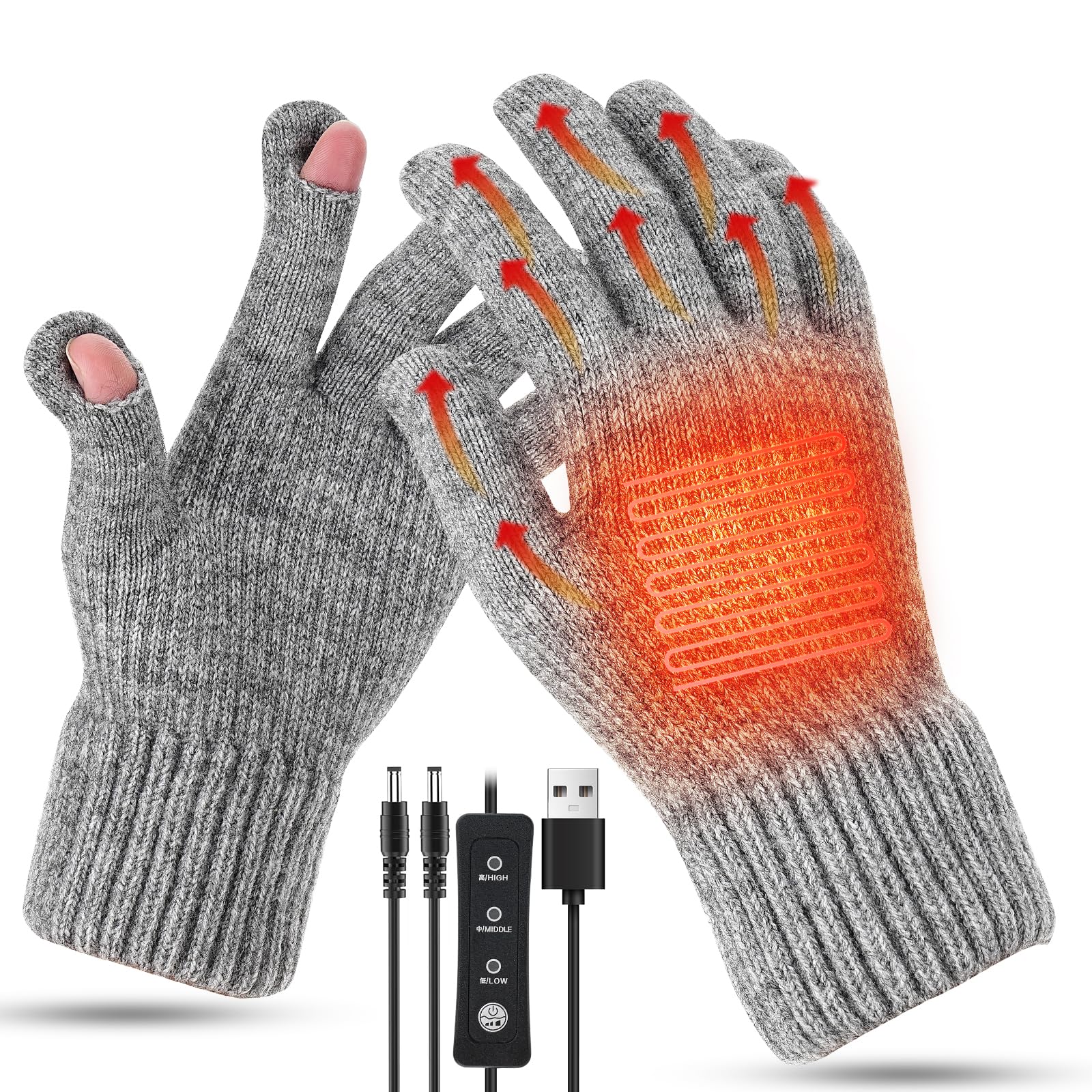 Aytop USB Heated Gloves, Full Fingers Heating Warm Gloves with 3 ...