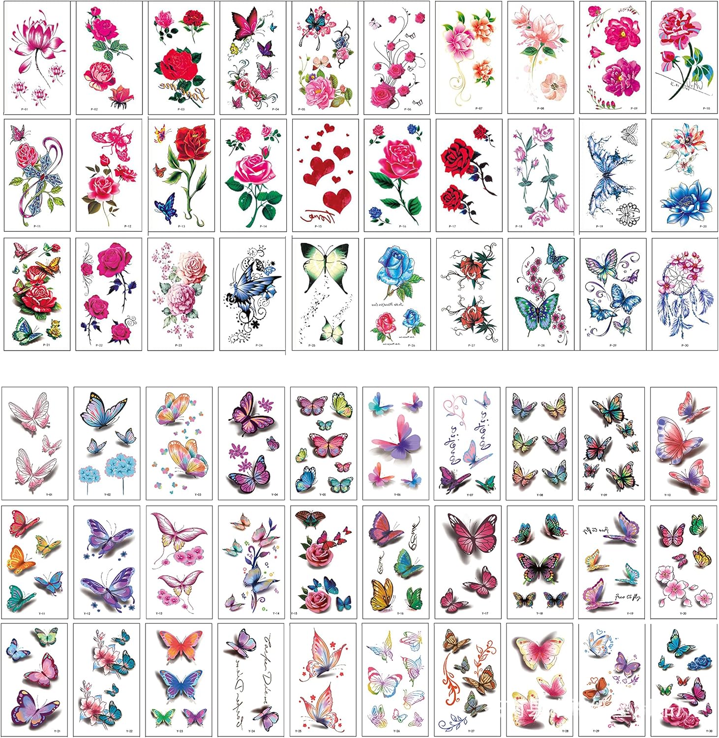 60 Sheets Flowers Temporary Tattoos Stickers Waterproof Butterfly ...