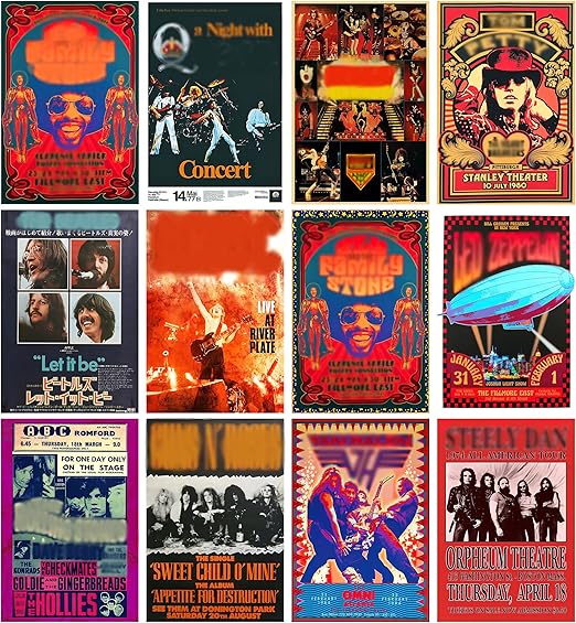 EDUS 12PCS Rock Band Posters, Vintage Rock Band Wall Collage Kit for ...