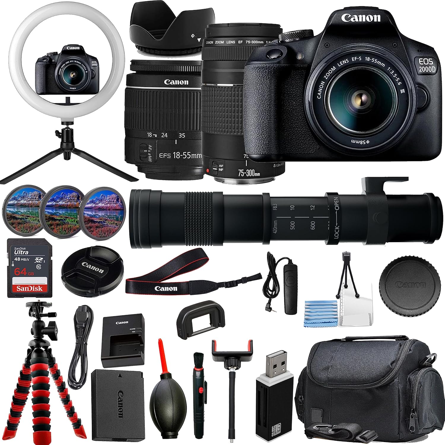 Amazon.com : Canon EOS 2000D/T7 Vlogger Kit:EF-S 18-55mm,EF 75-300mm ...