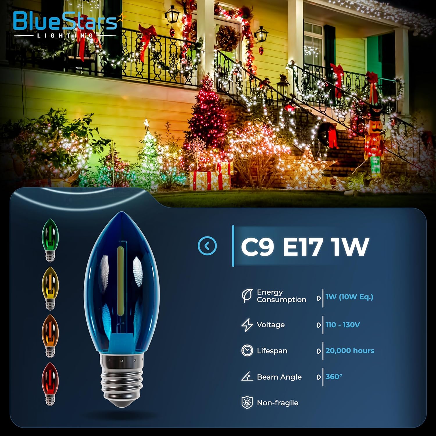 BlueStars 25 Packs E17 Intermediate Base C9 Multi-Color LED Candle ...