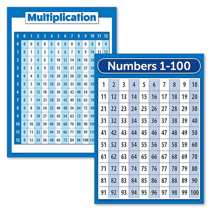 Buy 2 Pack - Multiplication Table Poster & Numbers 1-100 Chart ...