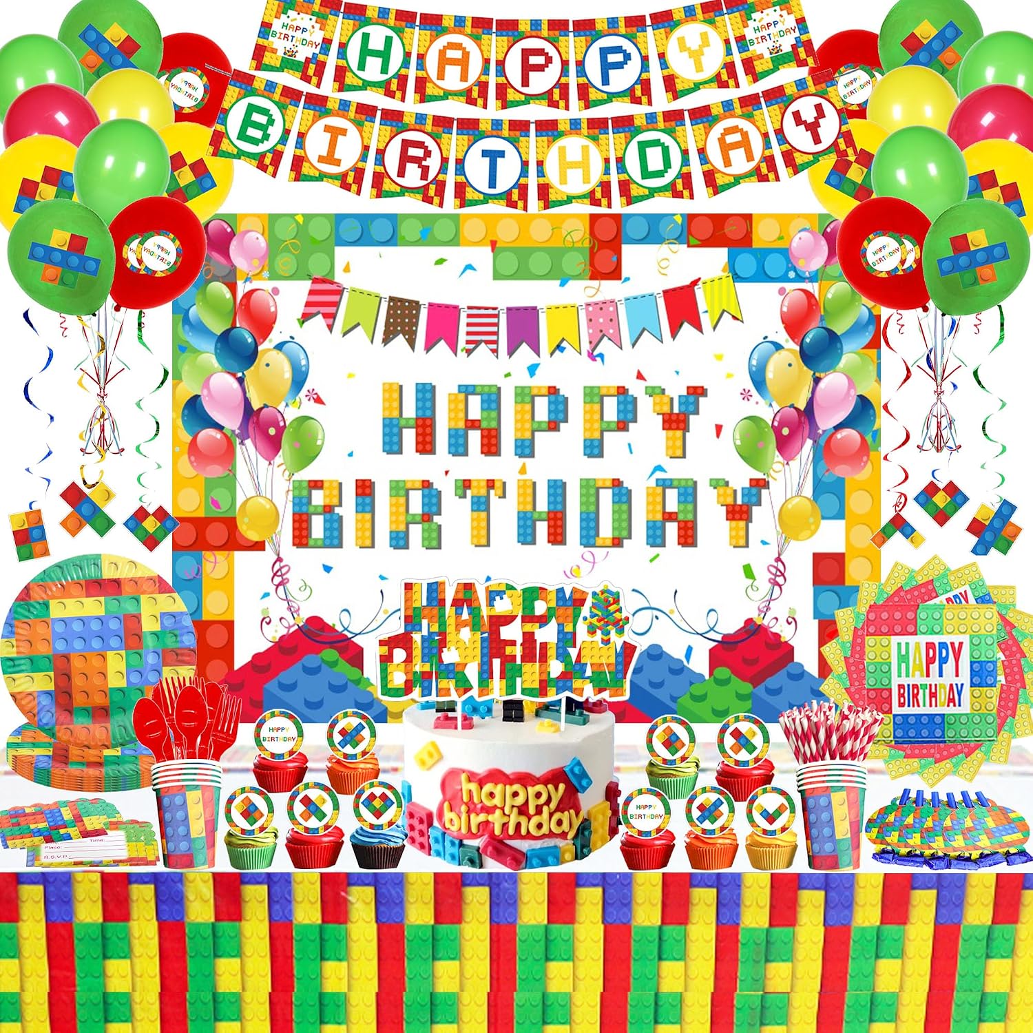 Amazon.com: 179Pcs Building Block Birthday Party Supplies for 10 Guests ...