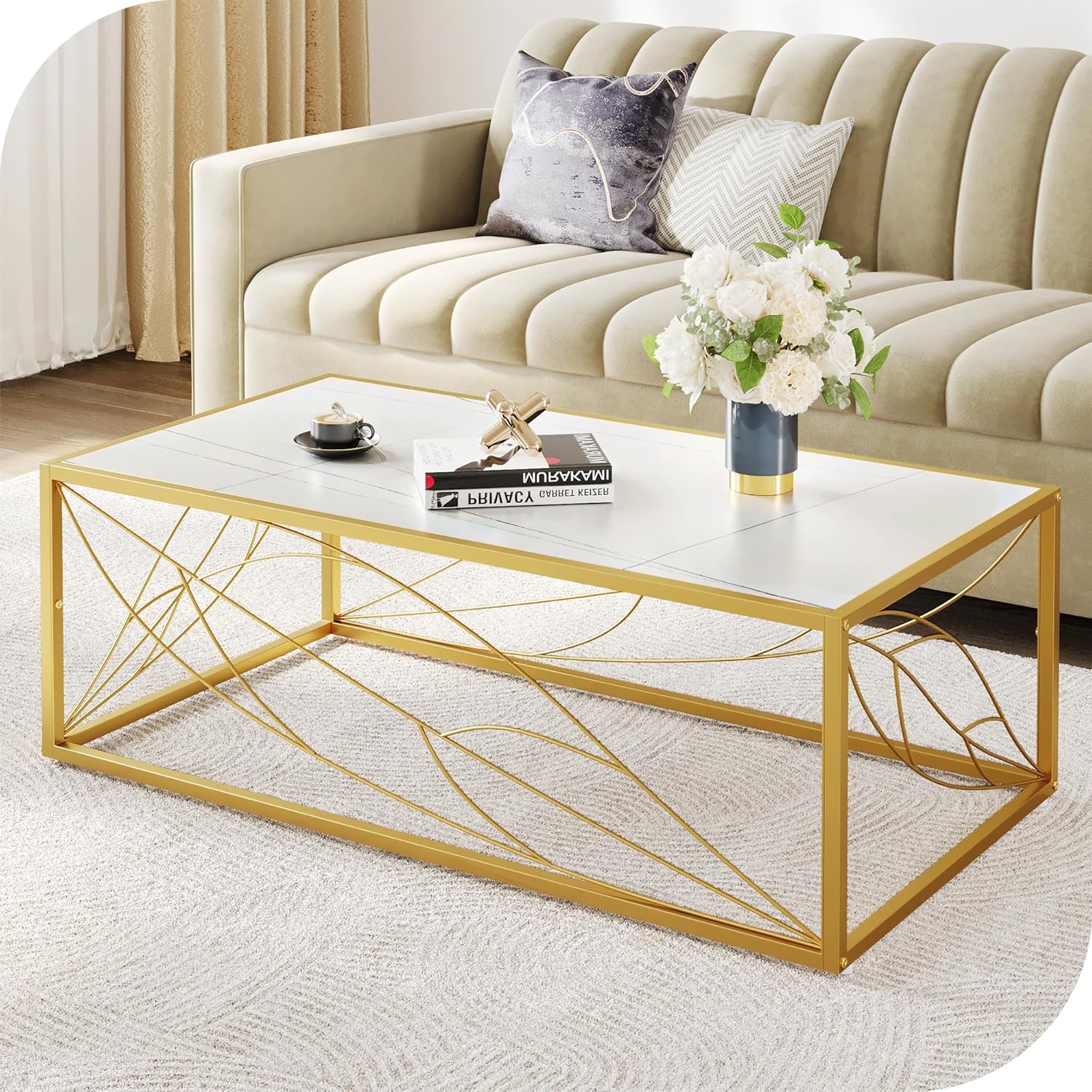 Amazon.com: DWVO 48 Inch Marble Pattern Slate Coffee Table Modern ...