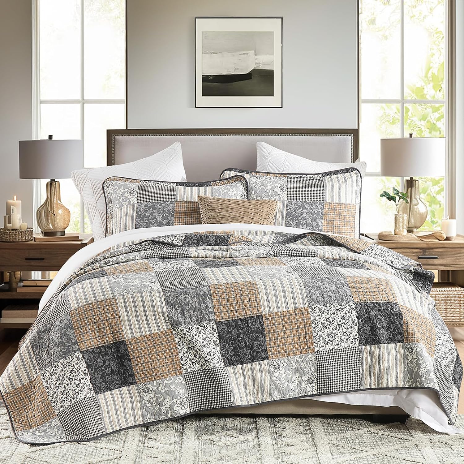 Amazon.com: PANGUSHAN 100% Cotton King Quilt Bedding Set, Quilt King Size, Floral Patchwork ...